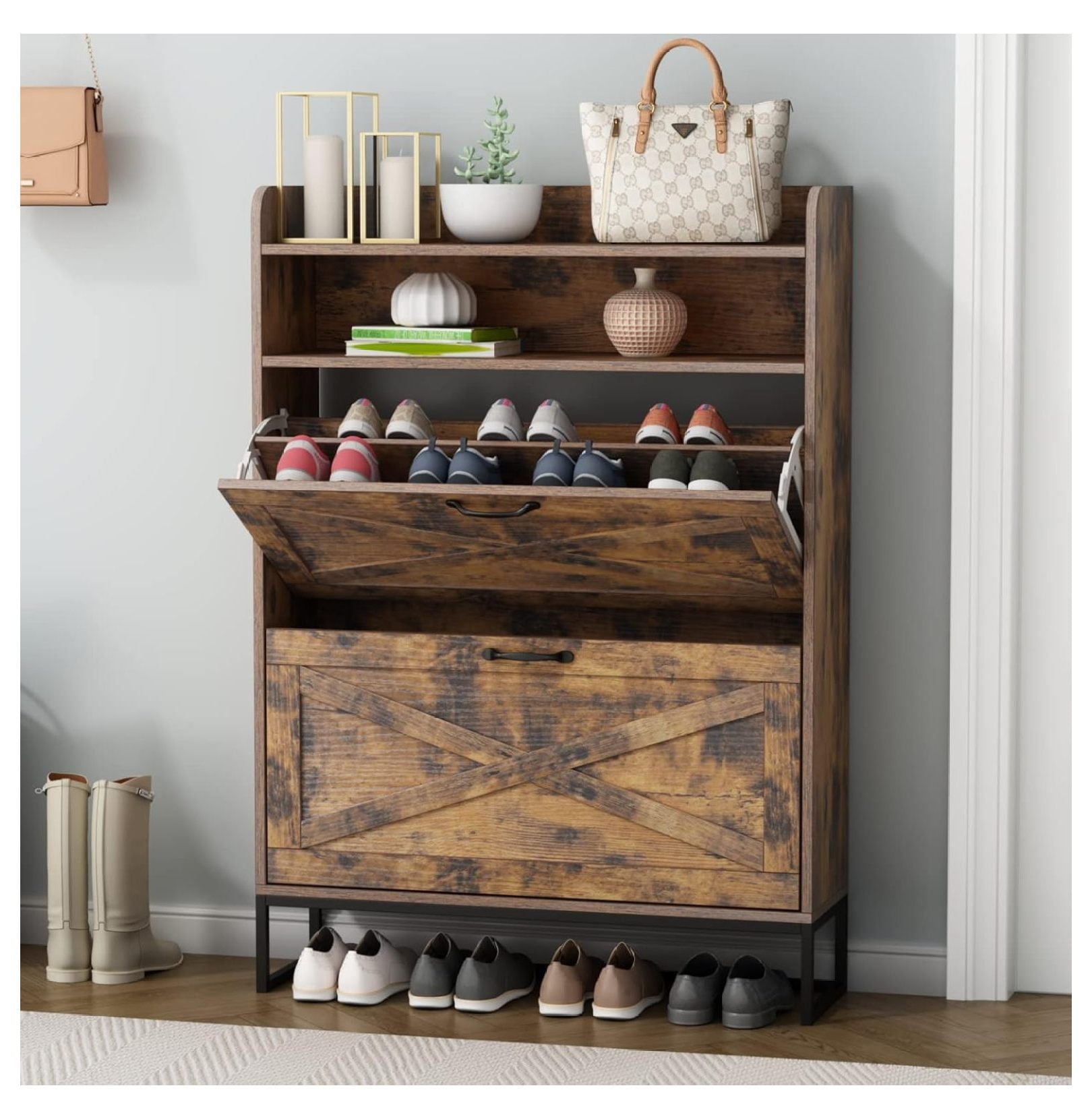 Gyfimioe Rattan Shoe Cabinet with 2 Drawers, Slim Shoe Storage Cabinet ...