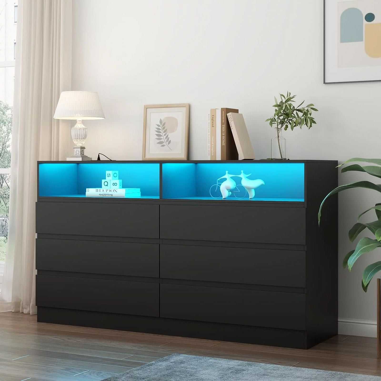 Gyfimoie Modern 6 Drawer Double Dresser with Power Outlet and LED Light ...