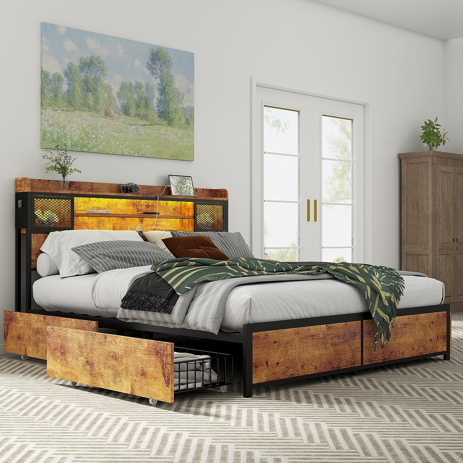 Gyfimoie Full Bed Frame with 4 Storage Drawers, LED Bed Frame with ...