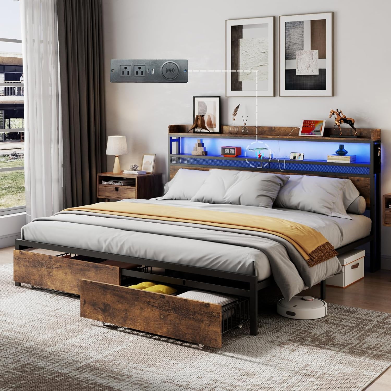 Gyfimoie King Bed Frame with 2 Storage Drawers, LED Bed Frame with ...