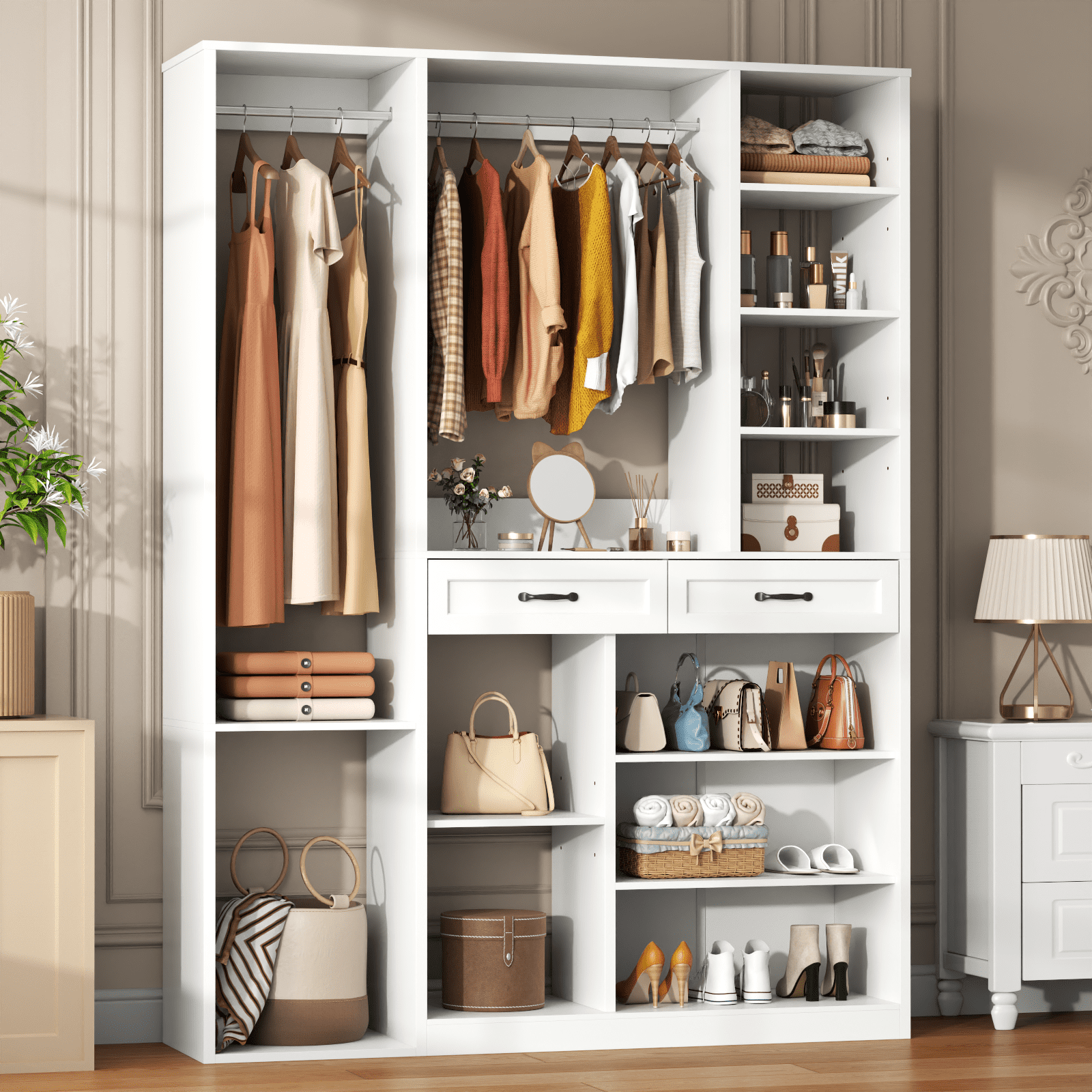 Gyfimoie Large Wardrobe Closet with 2 Drawers, 2 Hanging Rods ...