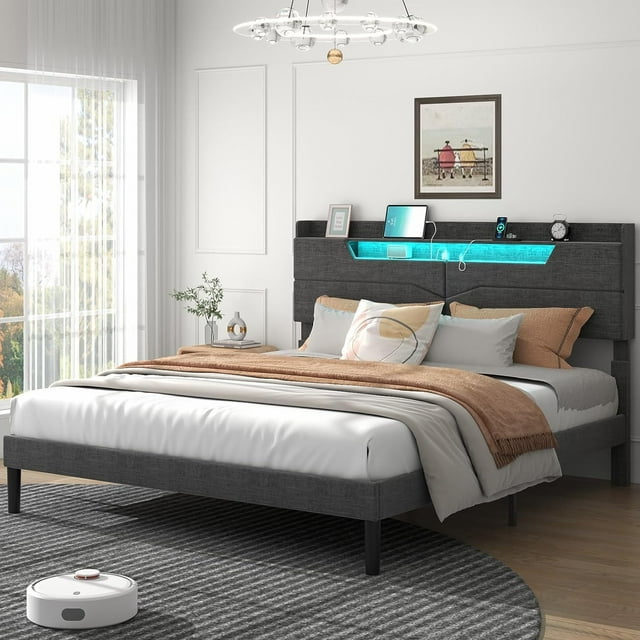 Gyfimoie Upholstered Queen Bed Frame with Adjustable High Headboard ...
