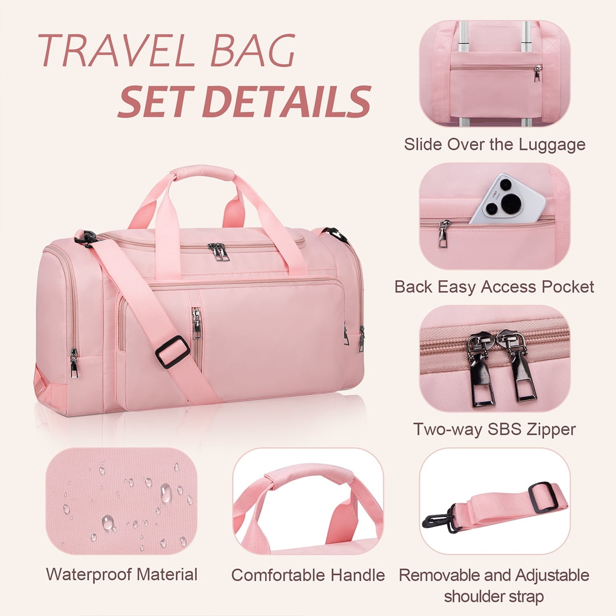 Gym Bag Carry On Duffle Bag for Weekender Travel Overnight,Pink ...