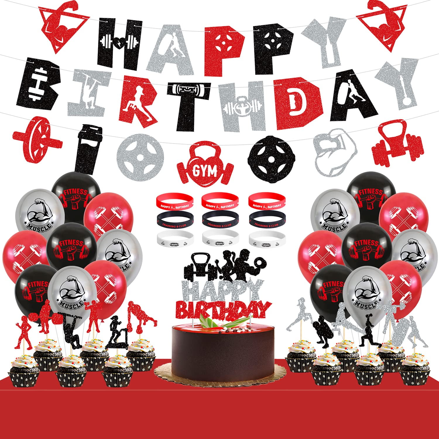 Gym Birthday Party Decorations - Black Red H2FSDSliver Fitness Party ...