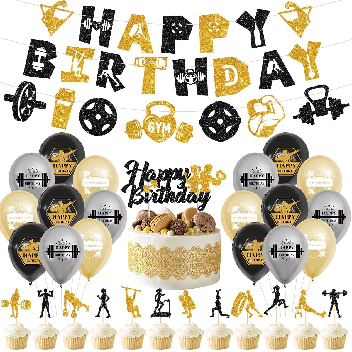Gym Theme Birthday Party Decoration Balloons Set Happy Birthday Banner ...
