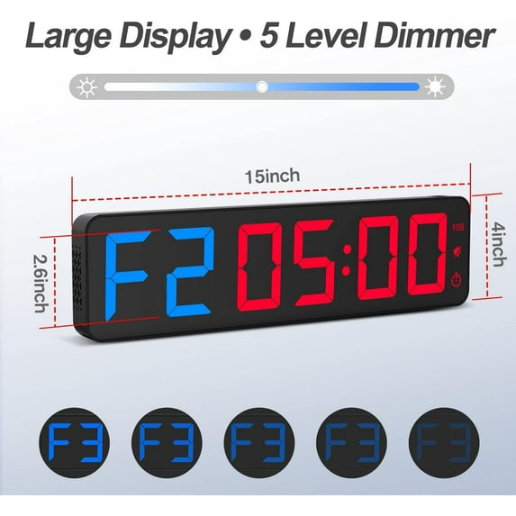 Gym Timer 15" Large LED Display Wall Clock | Gym Interval Workout ...