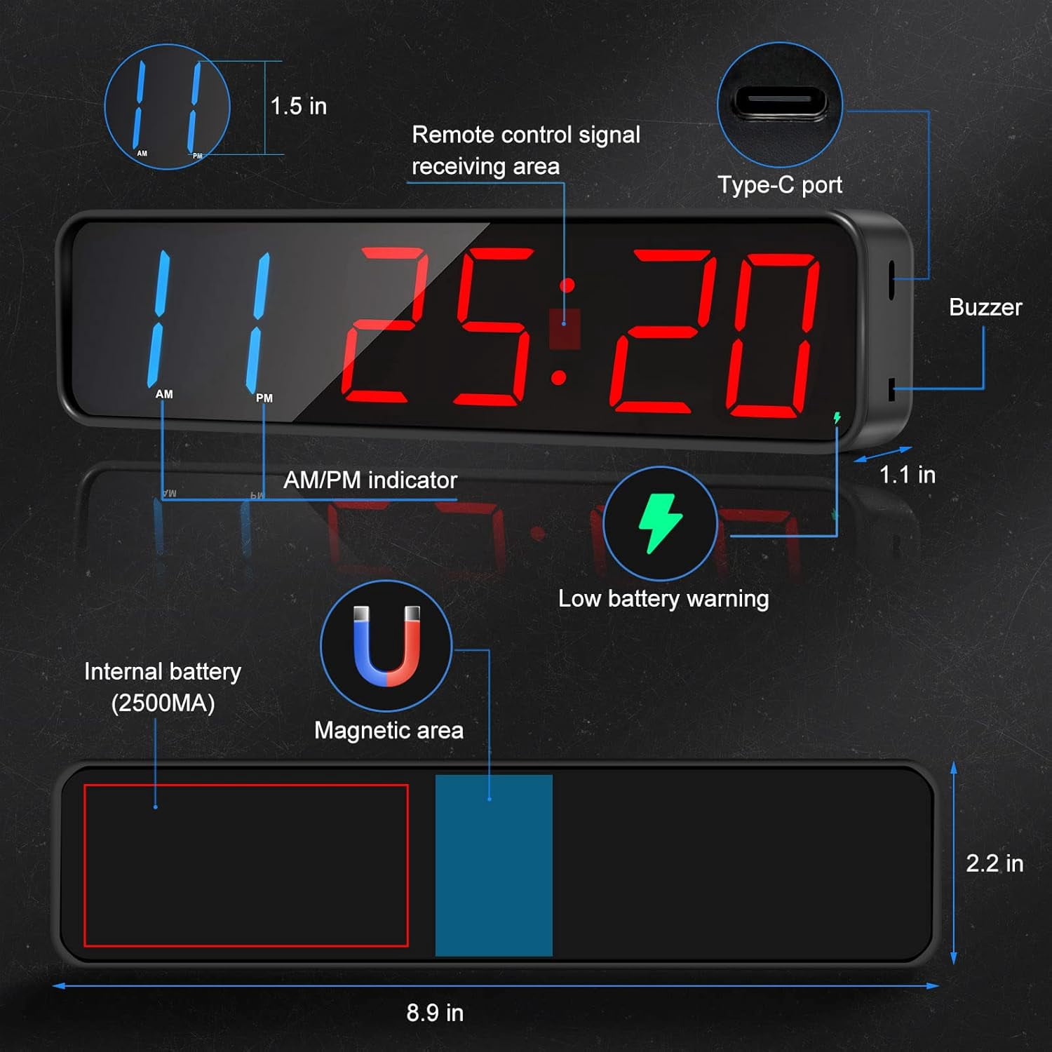 Gym Timer, Portable, Interval Timer with Rechargeable Battery and Built-in Magnet, LED Digital ...