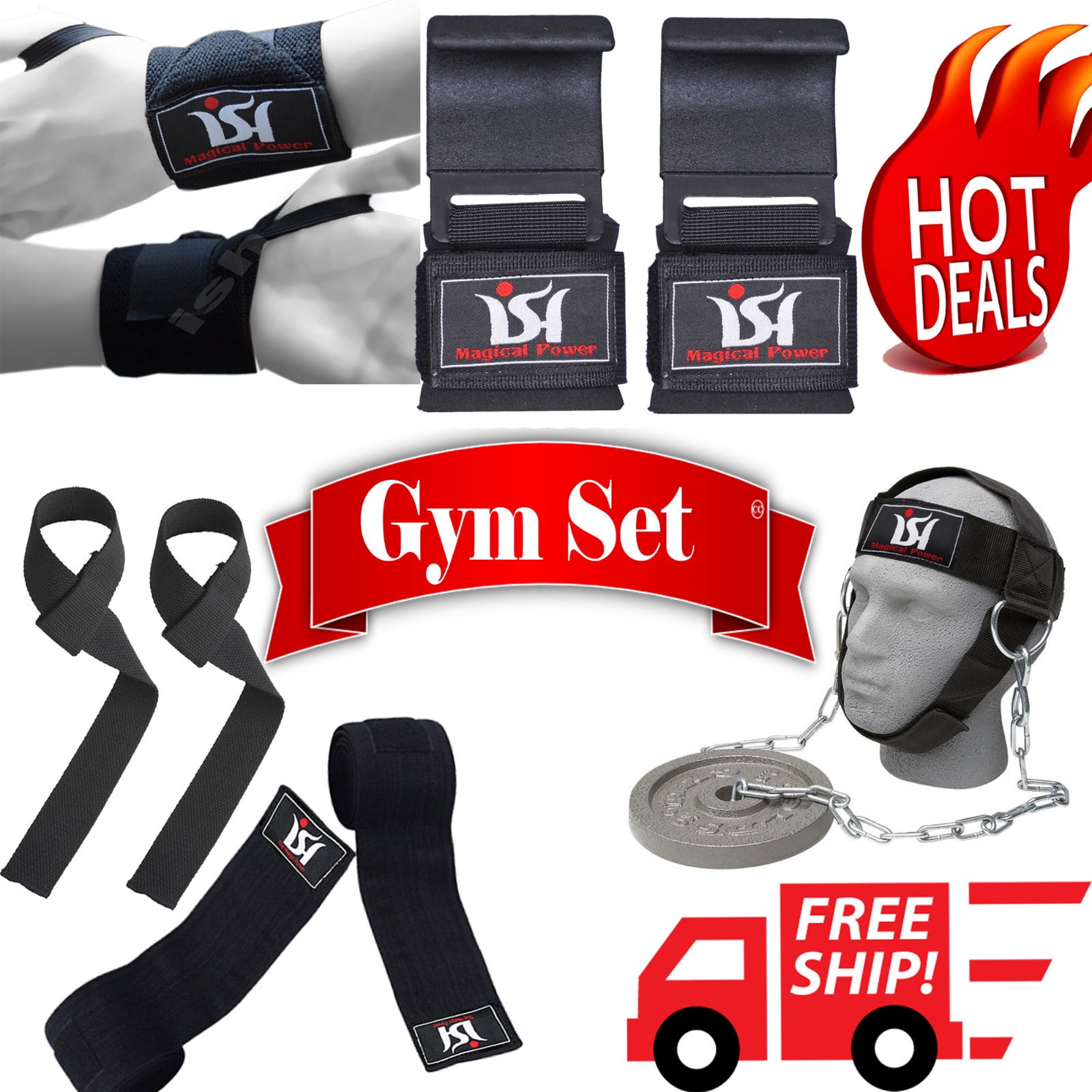Gym Weight Lifting Set Knee Wraps Wrist Wraps Head Harness Hooks Straps ...
