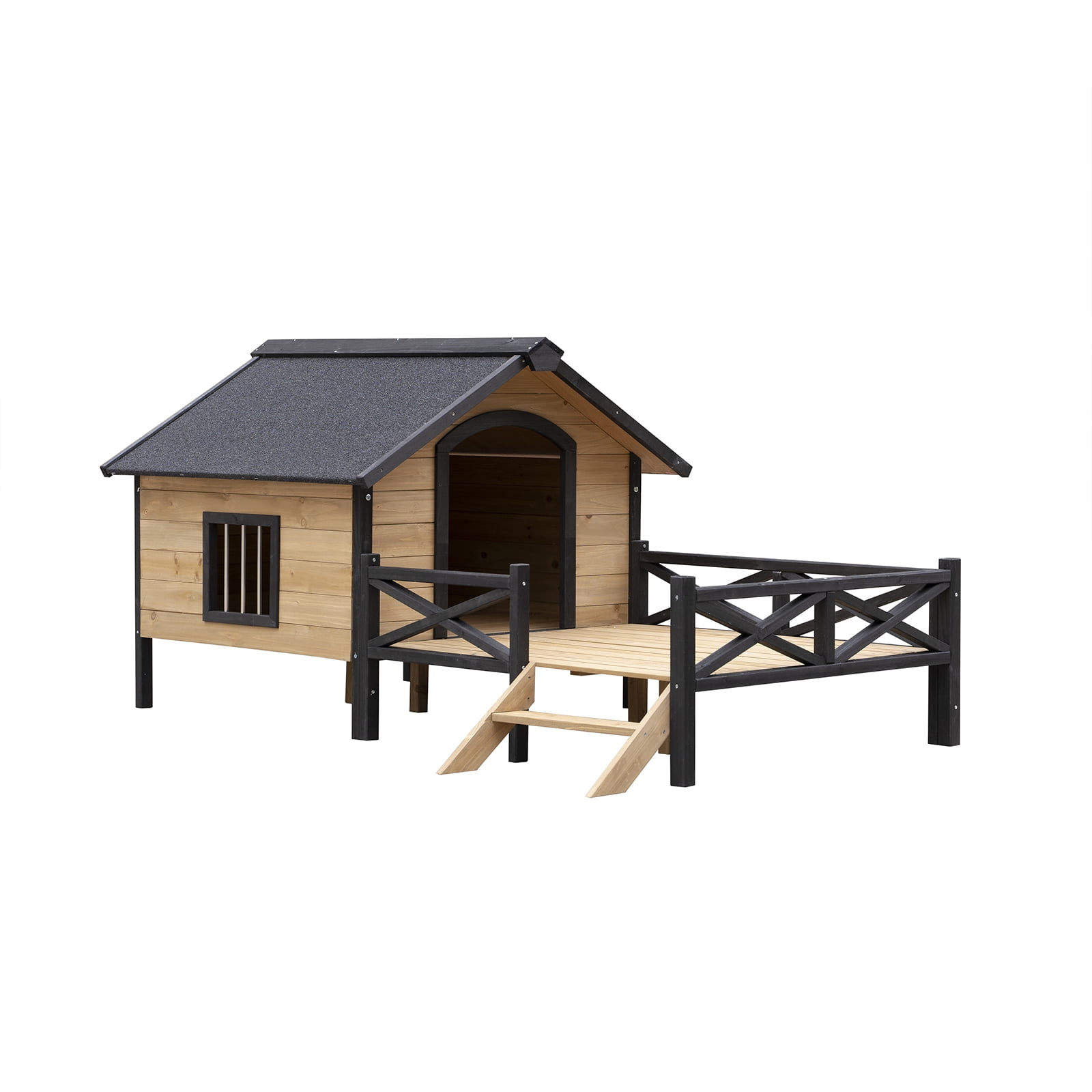 GymChoice 67" Wooden Dog House Cabin Style Elevated Pet Shelter,Wooden Dog Kennel with Porch ...