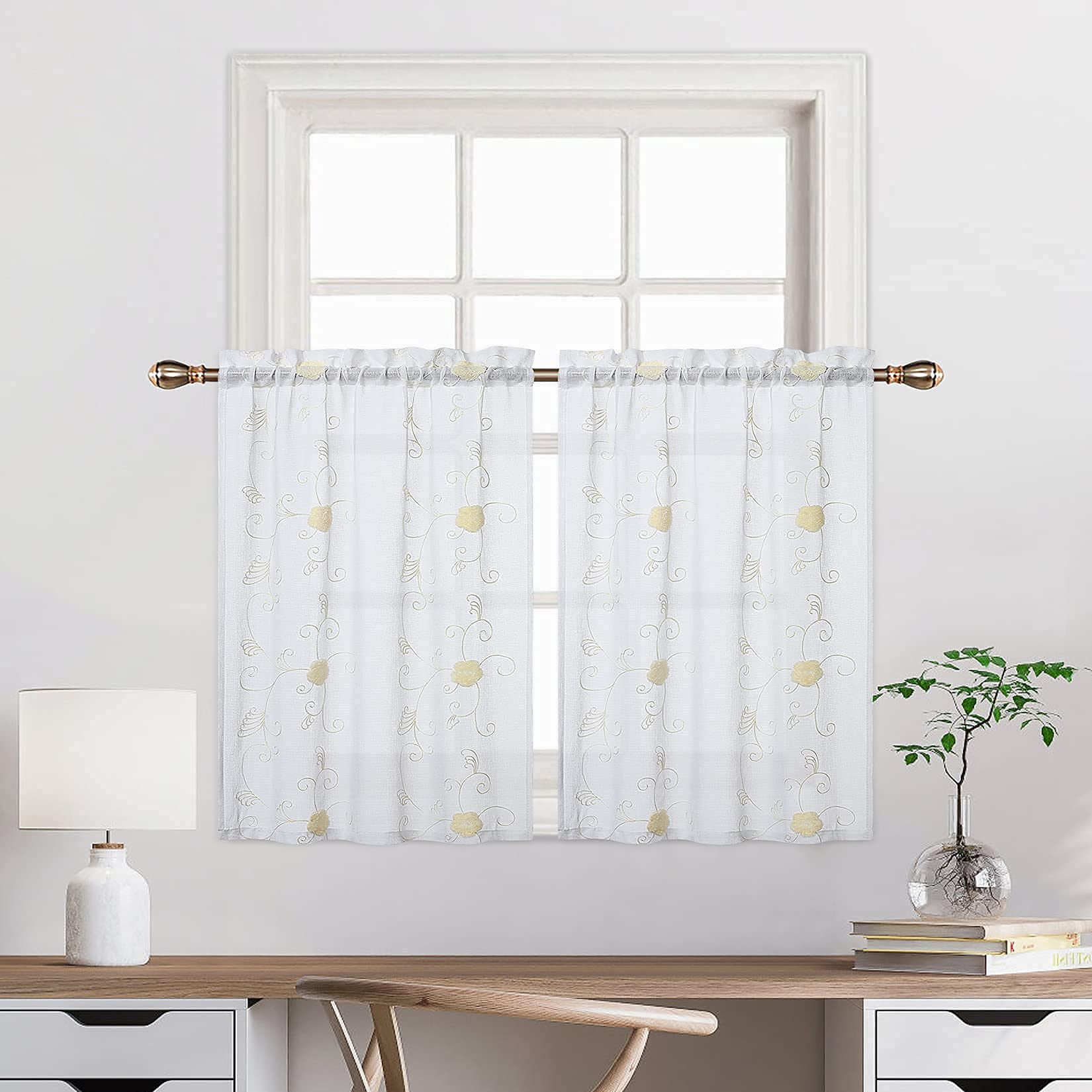 GymChoice Short Sheer Tier Curtains for Small Window,Floral Embroidered ...