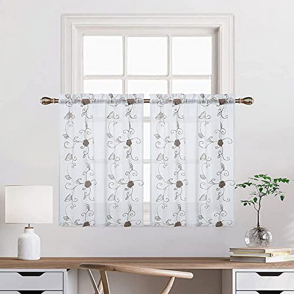 GymChoice Short Sheer Tier Curtains for Small Window,Floral Embroidered ...