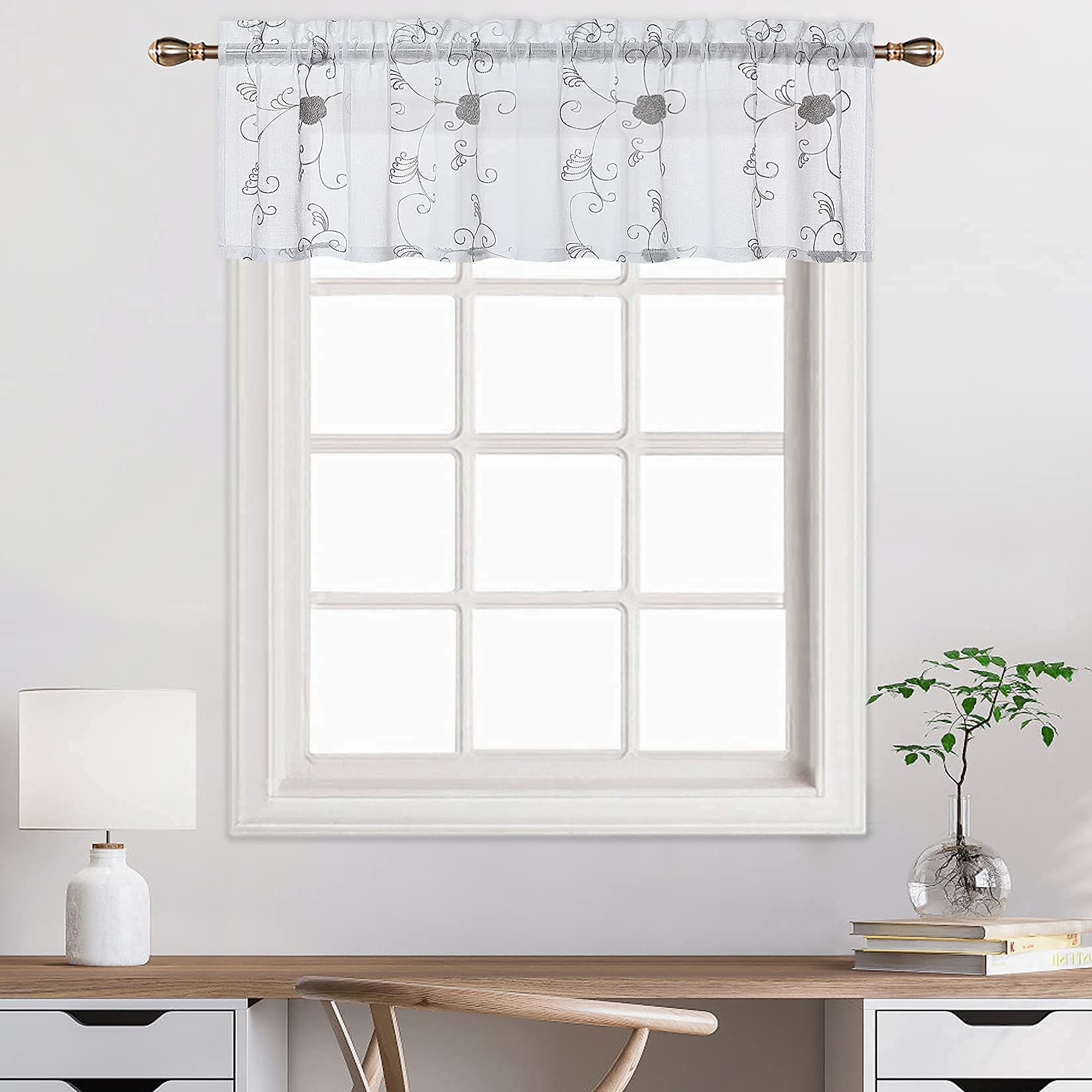 GymChoice Short Sheer Tier Curtains for Small Window,Floral Embroidered ...
