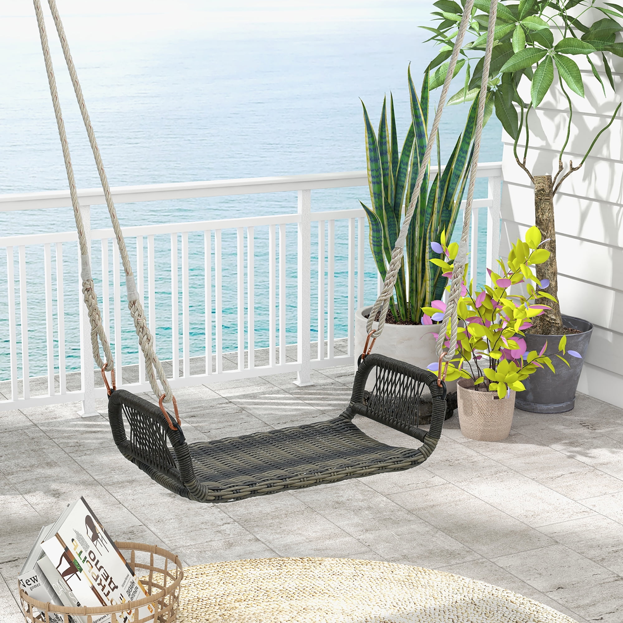 Gymax 1-Person Rattan Porch Swing Single Swing Chair Bench w/ Hanging ...