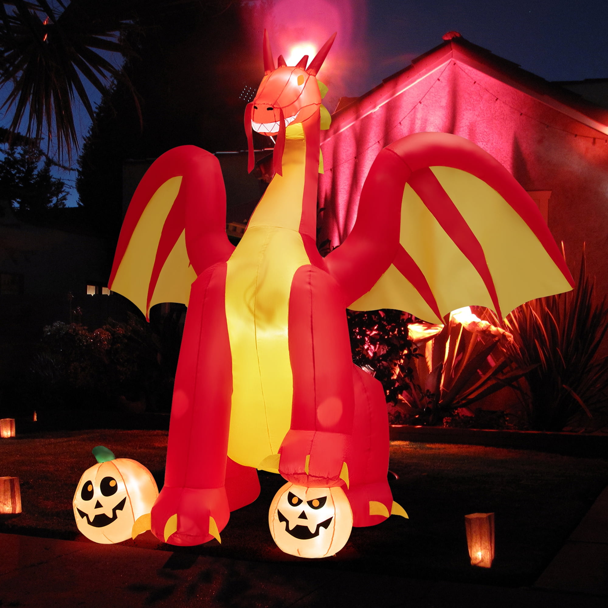 Gymax Outdoor Halloween Decoration: 10' Inflatable Fire Dragon with LED ...