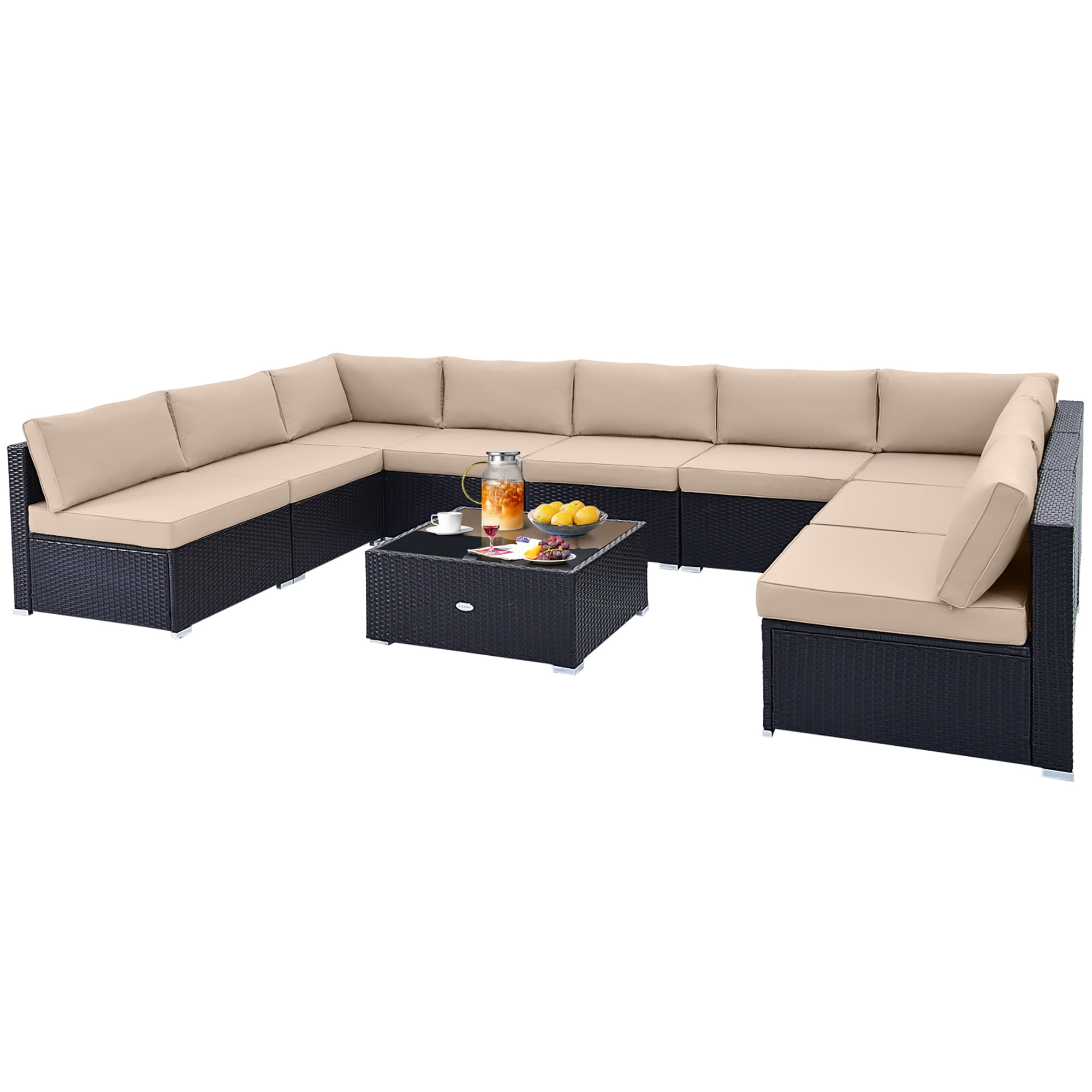 Gymax 10PCS Rattan Furniture Set Outdoor Wicker Sofa Table Cushioned ...