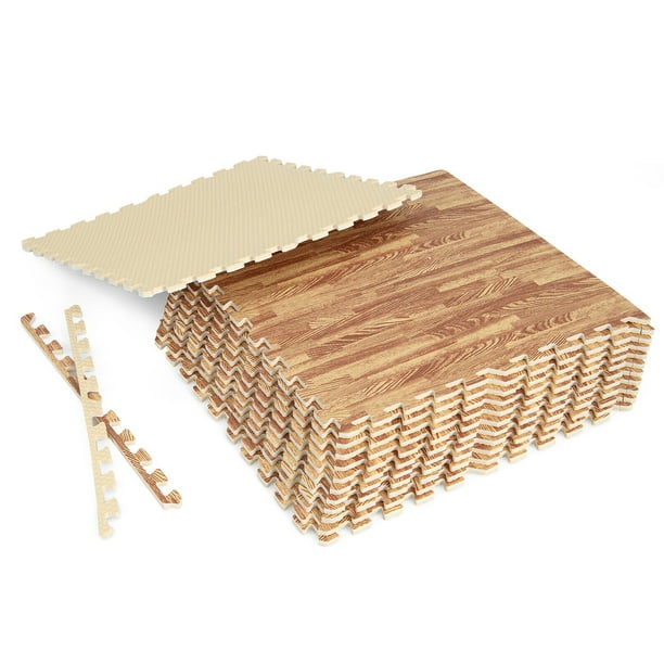 Gymax 12 Pieces EVA Foam Floor Interlocking Tile Mat w/ Natural Wood ...