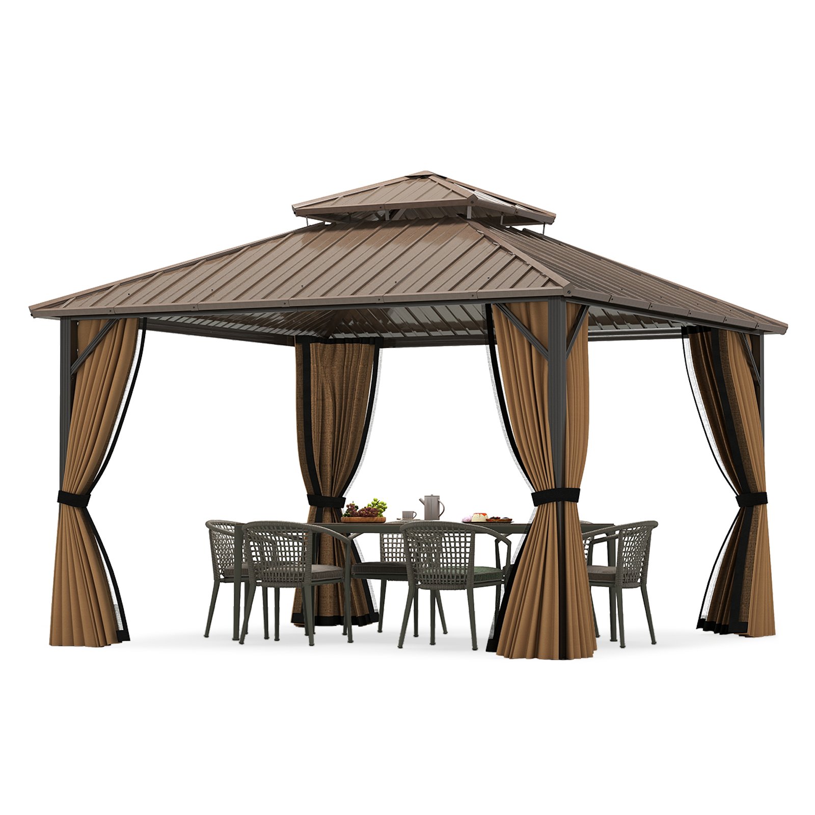 Gymax 12 x 12 FT Hardtop Gazebo w/ Netting Heavy-Duty Double-Roof ...