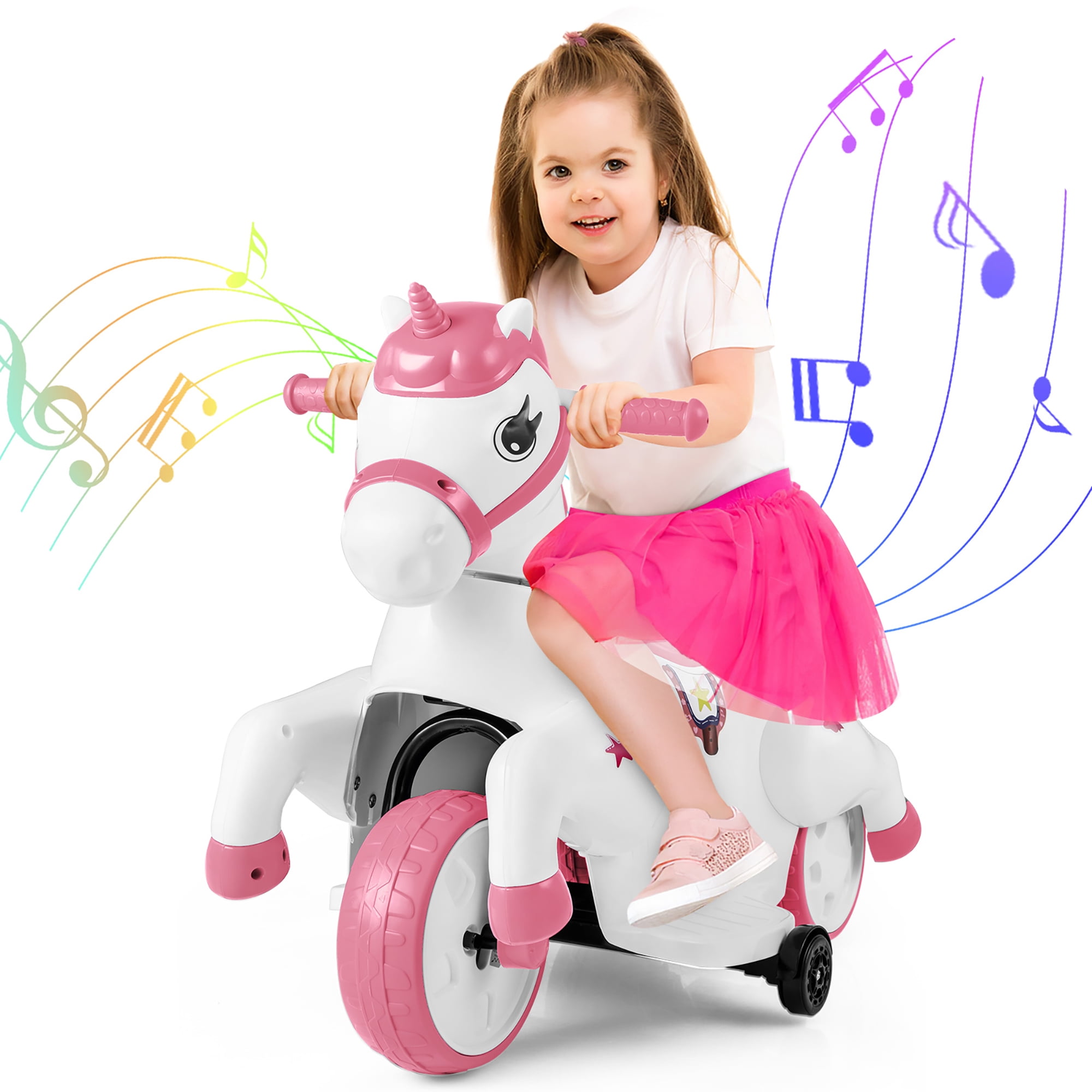 Gymax 12V Kids Ride on Unicorn Toy w/ Training Wheels Music One-button ...