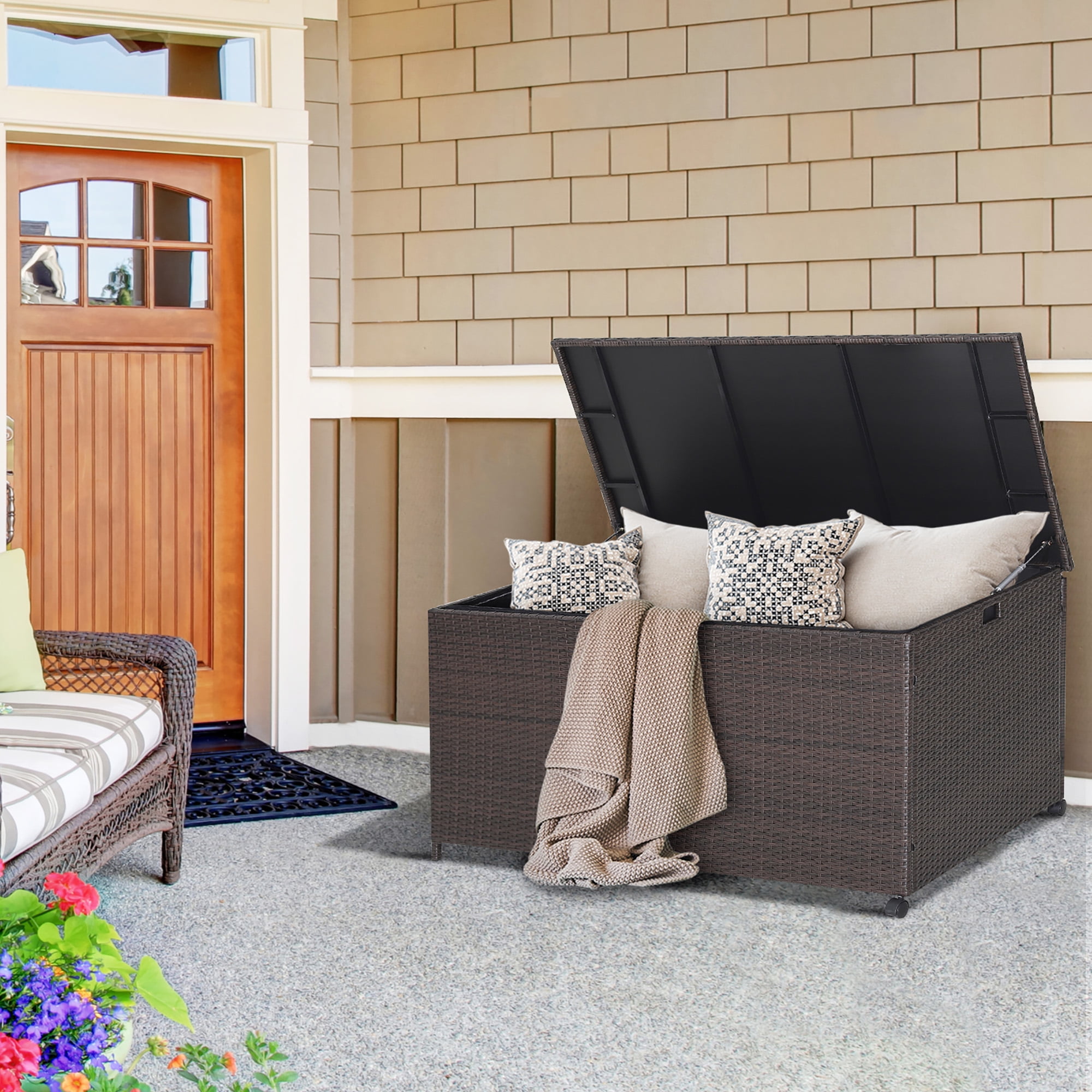 Gymax 133 Gallon Outdoor PE Wicker Storage Box Mix Brown Rattan Deck w ...