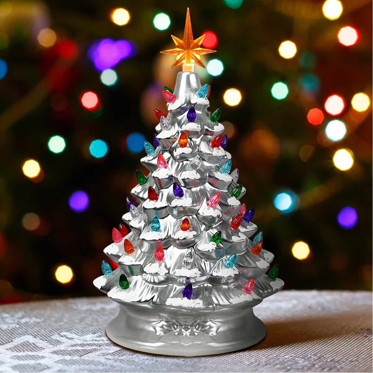 Gymax 15 Inch Artificial Christmas Tree Tabletop Luminous Ceramic Tree ...