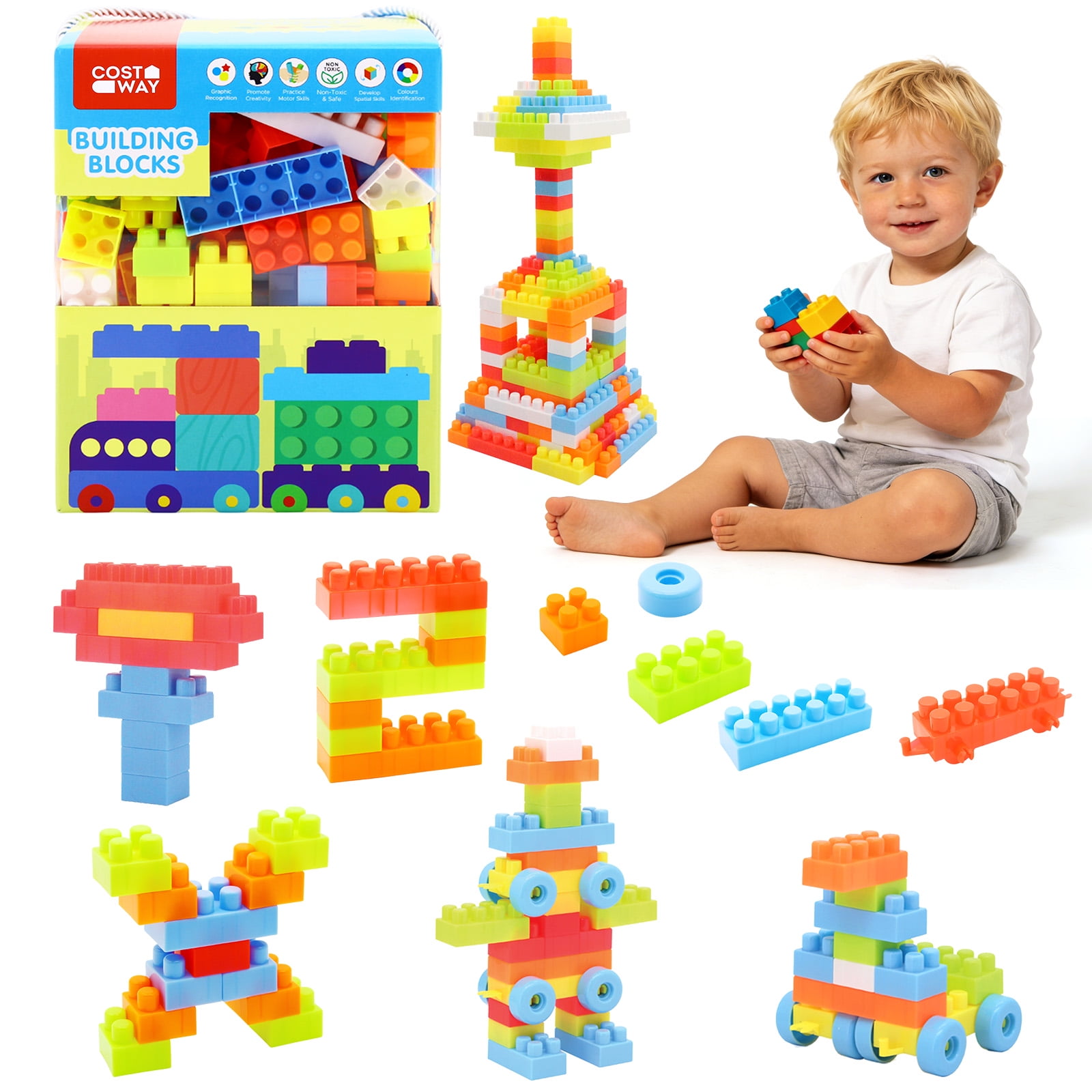 Gymax 150 Pcs Toddler Building Blocks Toy Stacking Block Set for 3 ...