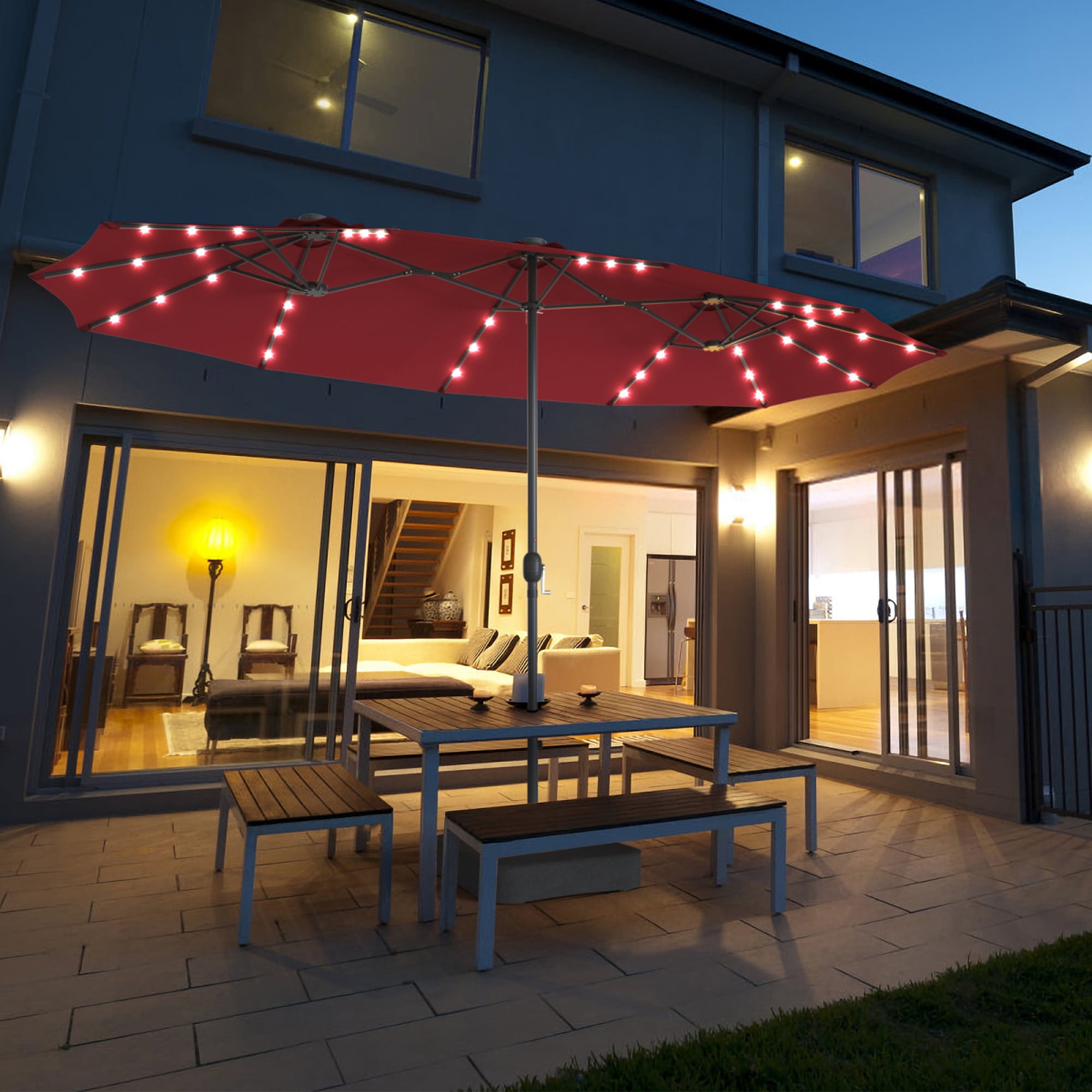 Gymax 15Ft Solar LED Patio Outdoor Double-Sided Umbrella w/ 36 Lights ...