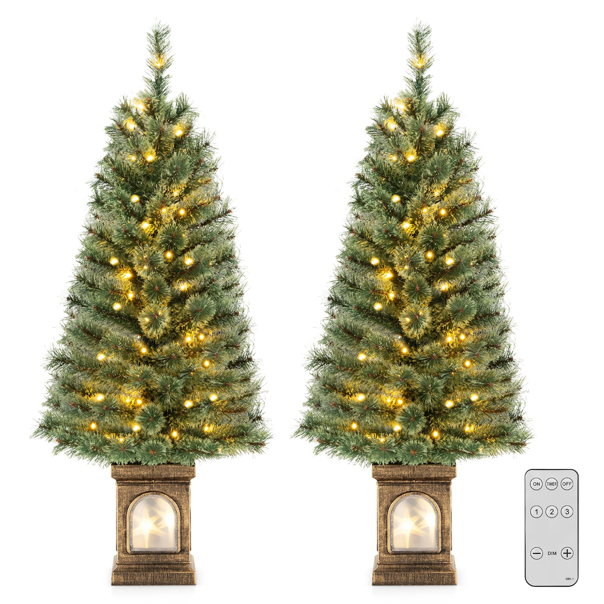 Gymax 2 PCS 4 FT Pre-Lit Potted Christmas Tree Artificial Entrance Tree ...
