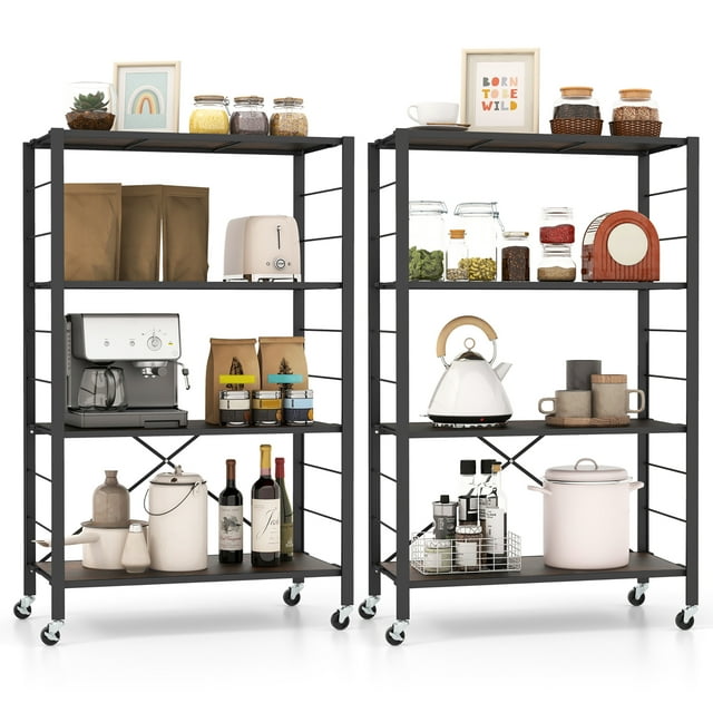 Gymax 2 PCS 4-tier Foldable Storage Shelf w/ Lockable Wheels Home ...