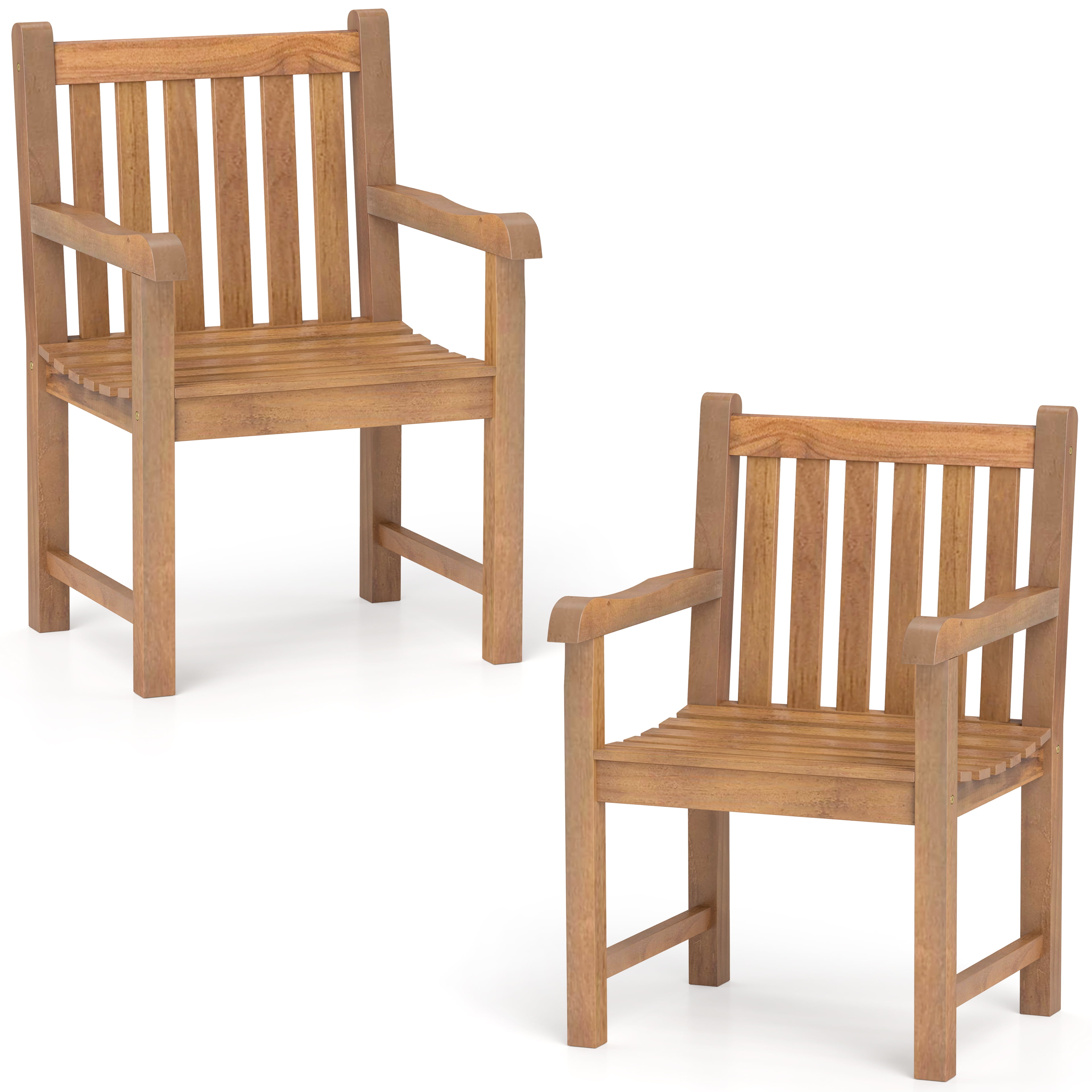 Gymax 2 PCS Teak Wood Patio Dining Chair Outdoor Armchair w/ Slatted ...