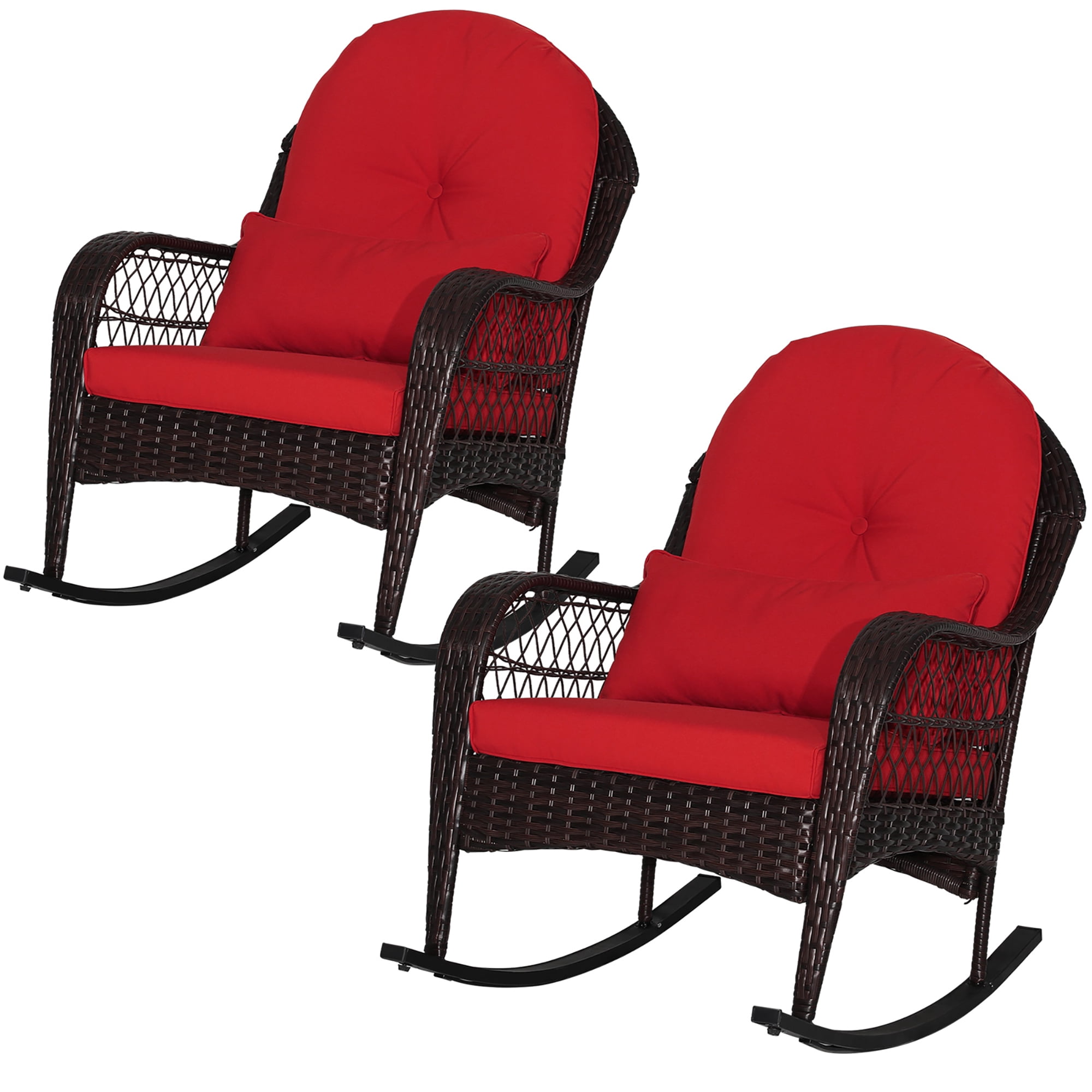 Gymax 2 PCS Outdoor Rattan Wicker Rocking Chair Set with Red Seat Back ...