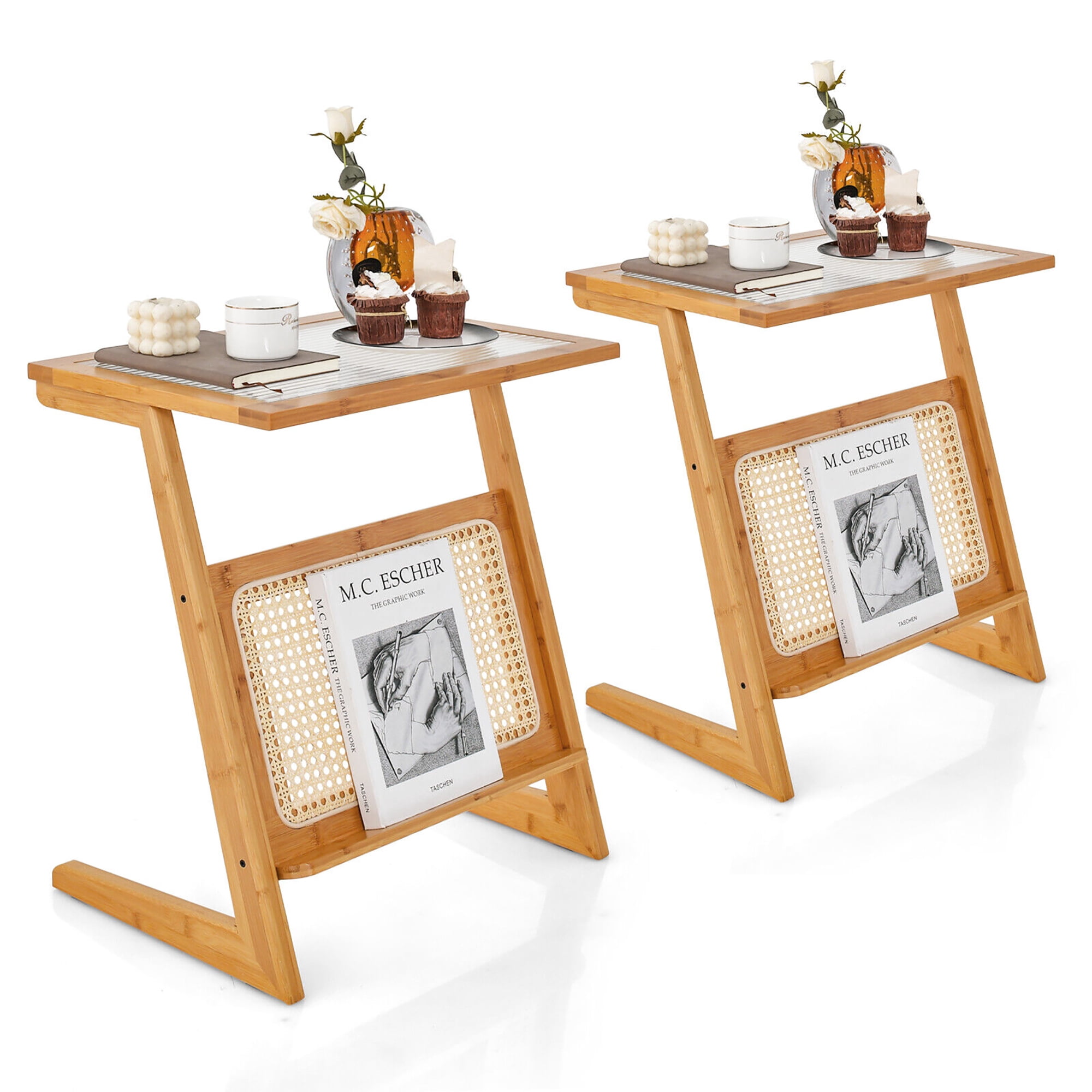 Gymax 2 PCS Z-shaped End Table Glass Top Bamboo Side Table w/ Magazine ...
