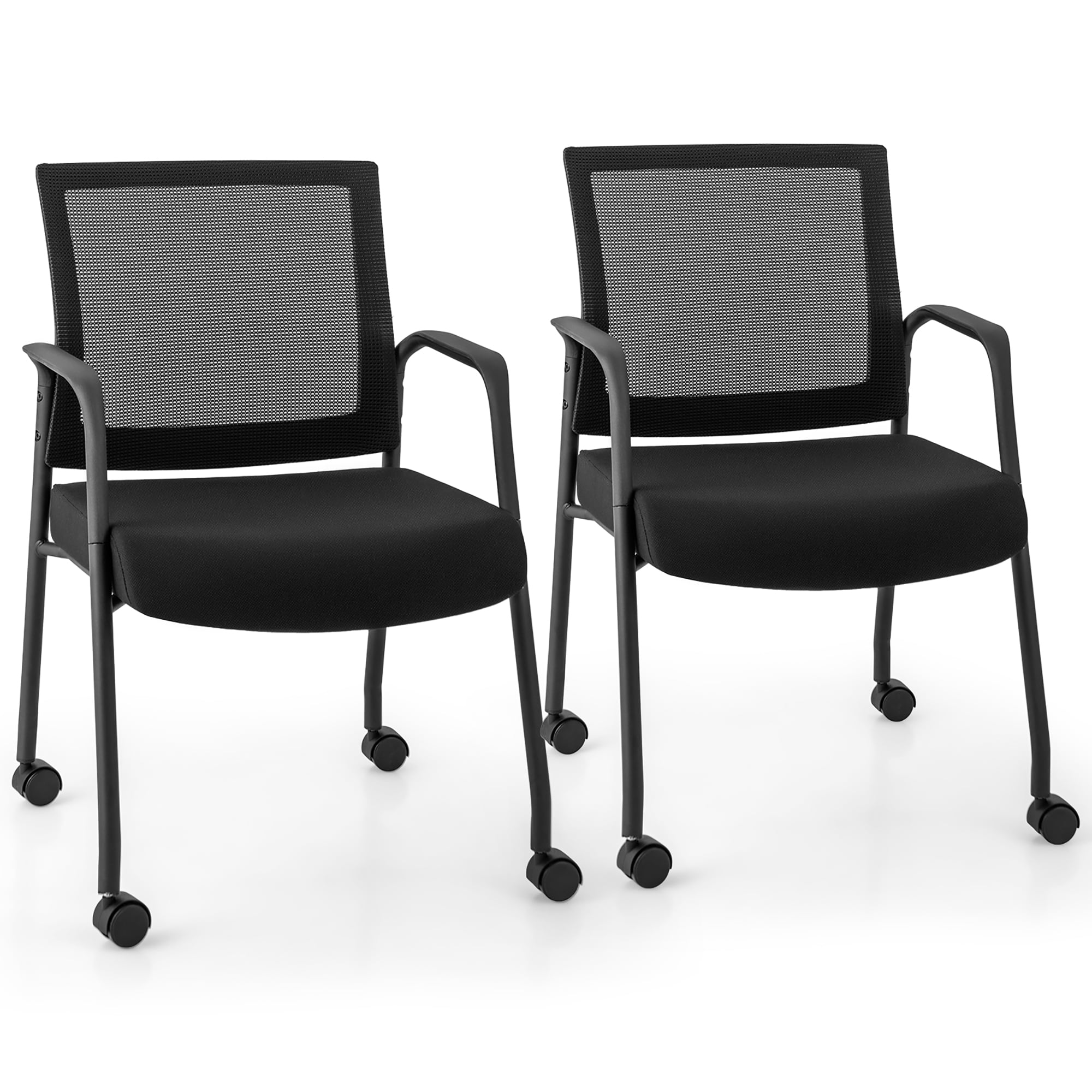 Gymax 2 Pcs Office Guest Chairs on Wheels w/ Metal Frame & Armrests ...