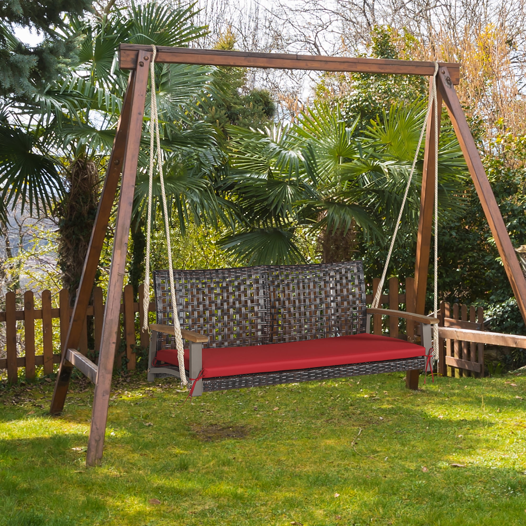 Gymax 2-Person Outdoor Wicker Swing Bench Rattan Porch SwingChair w ...