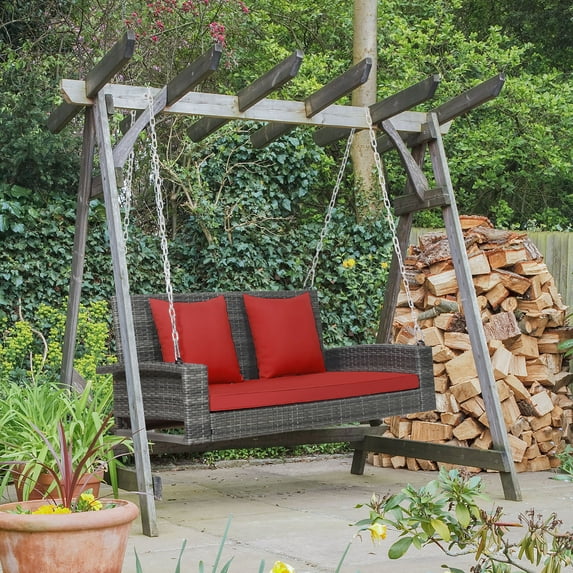 Gymax 2-Person Patio Rattan Swing Bench Hanging Porch Swing 800LBS w ...