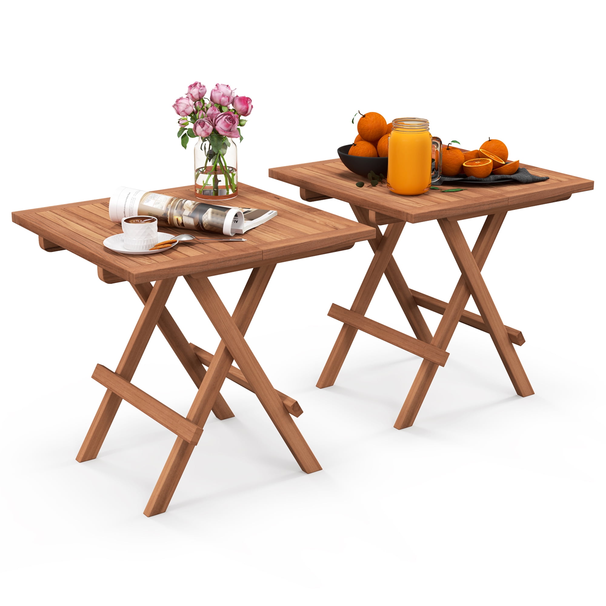 Gymax 2 Pieces Indonesia Teak Wood Folding End Table Square Side Table ...