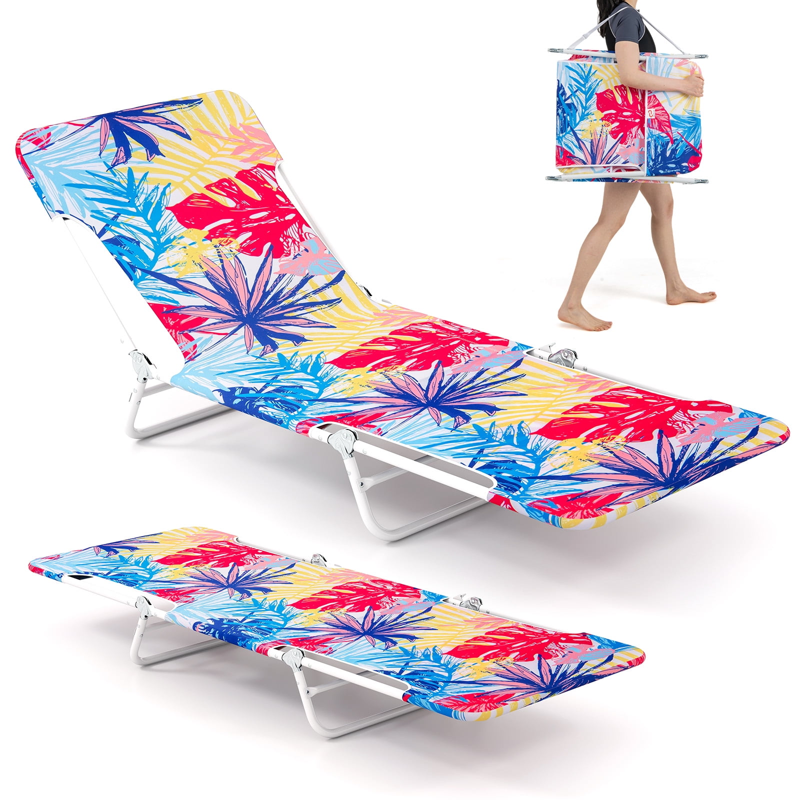 Gymax 2 Pieces Outdoor Folding Chaise Lounge 5-position Lay Flat Beach ...