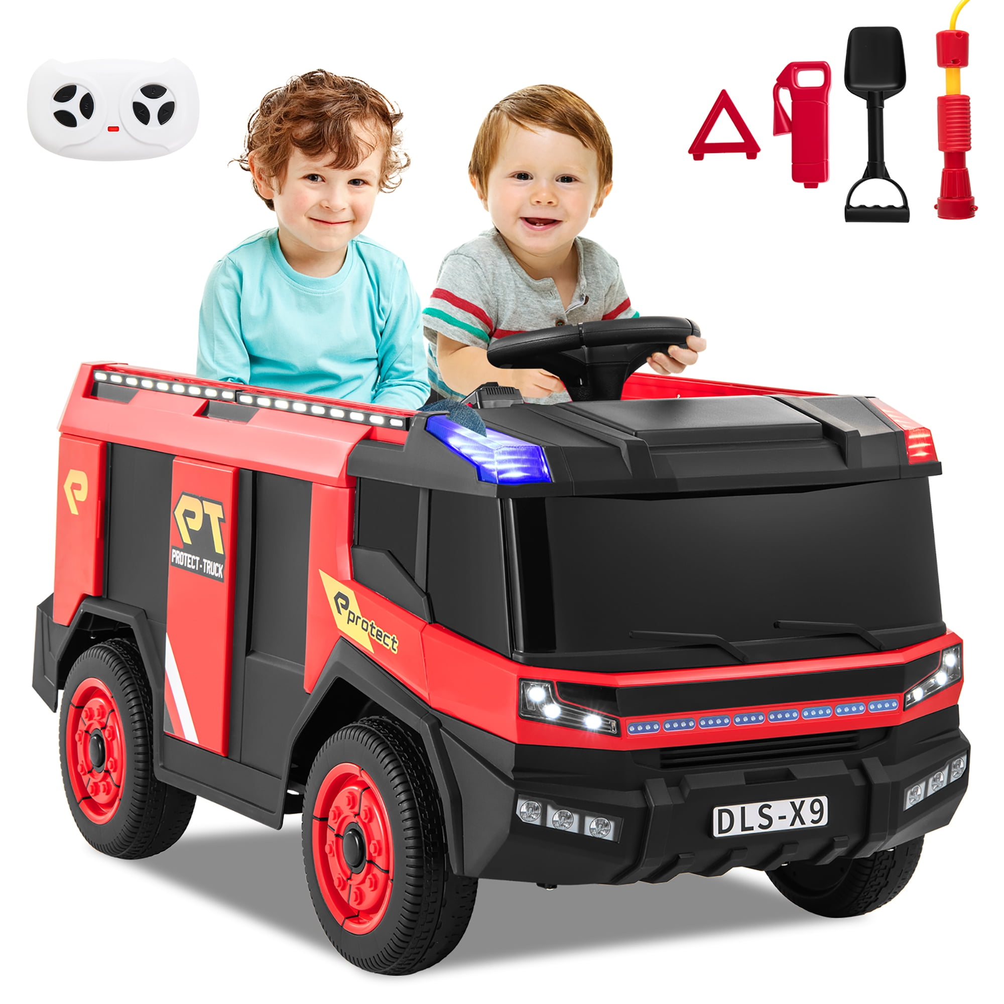 Gymax 2-Seater Kids Ride on Fire Truck w/Remote Control Water Gun ...