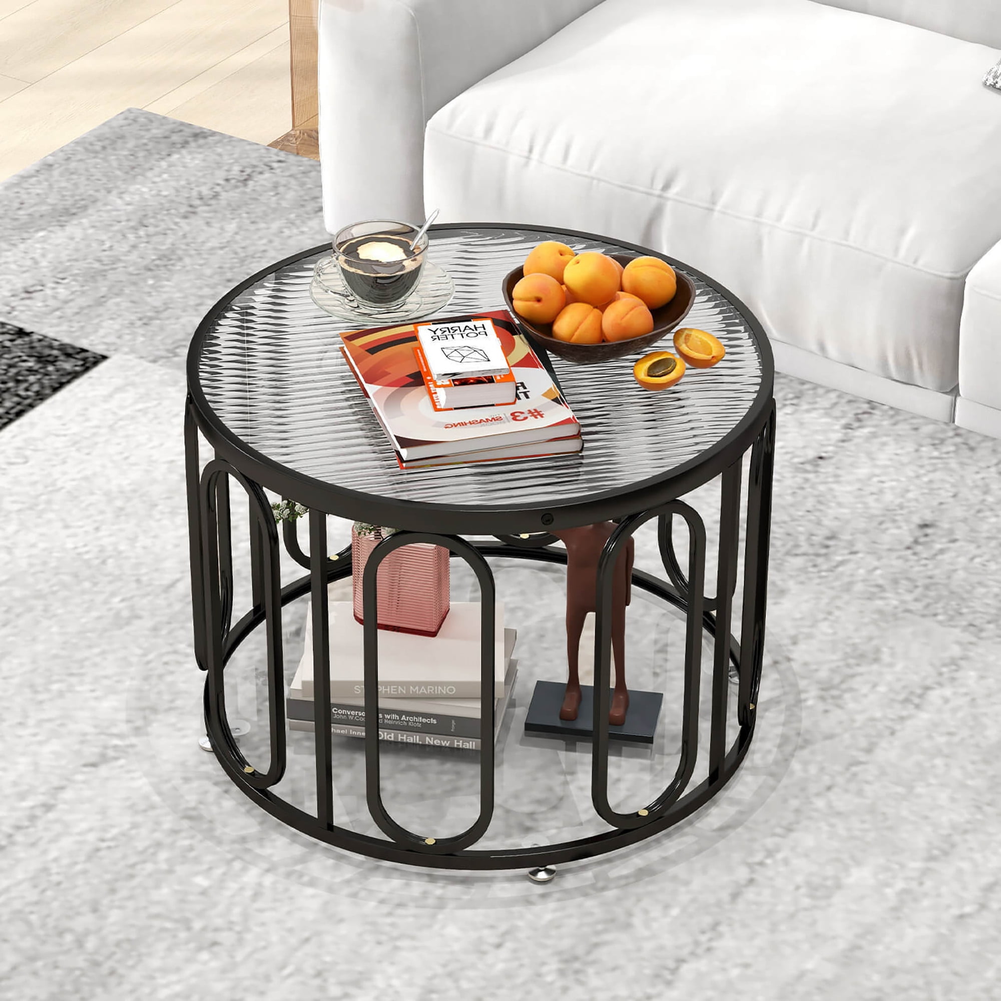 Gymax 2-Tier 24'' Round Coffee Table w/ Oval Swivel Brackets & Reeded ...