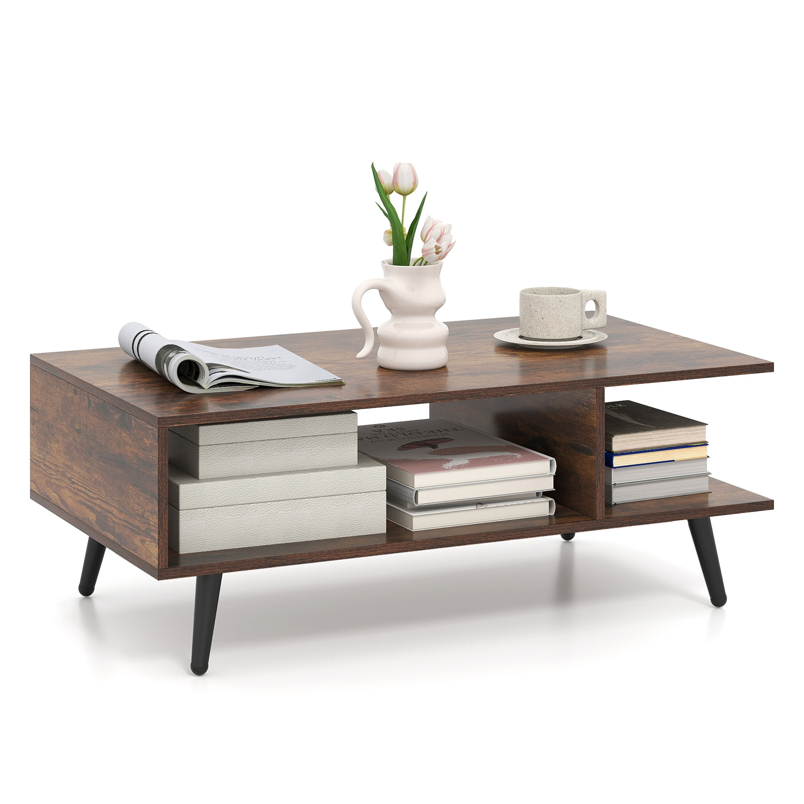 Gymax 2-Tier Coffee Table w/ Compartments & Metal Legs Rectangle Tea ...