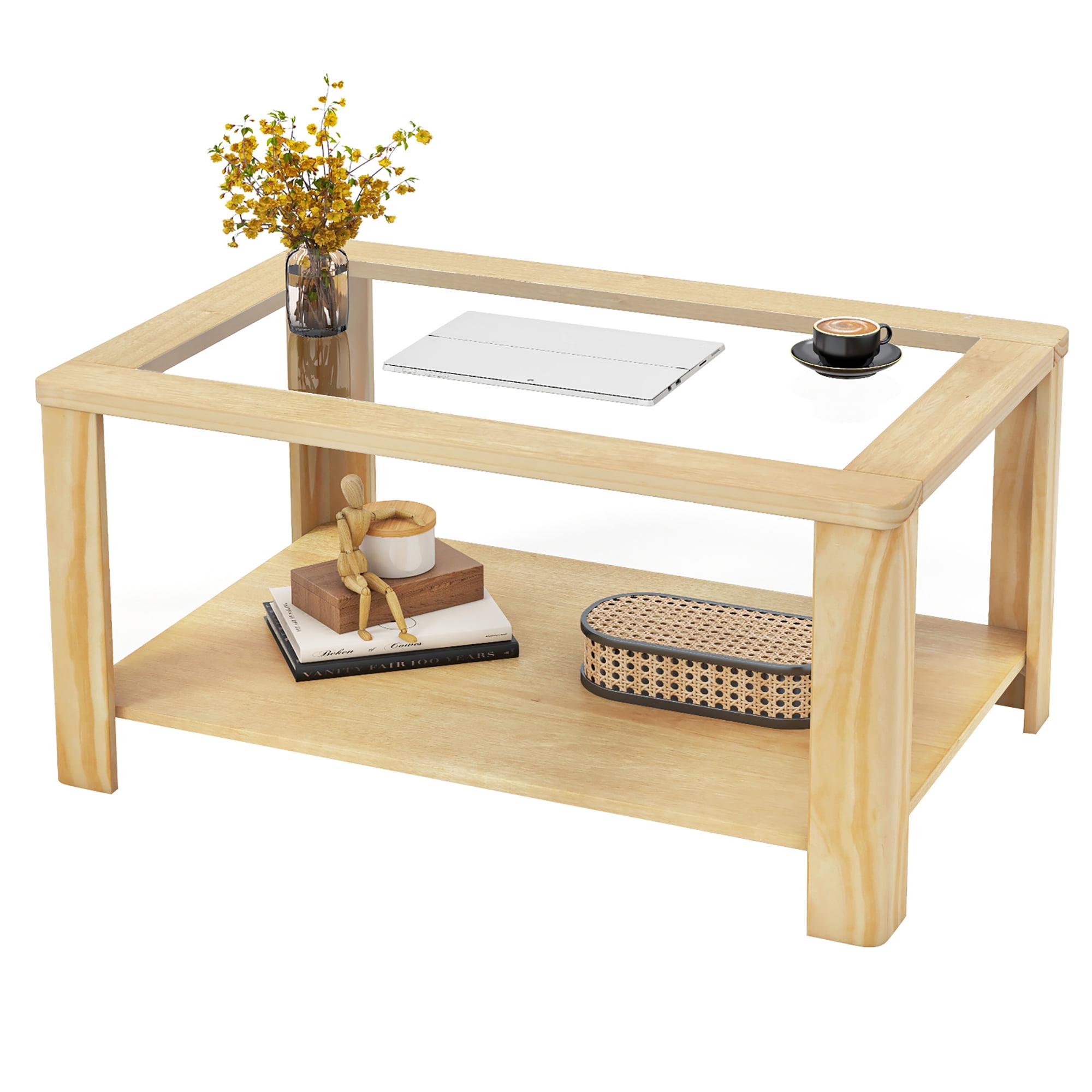 Gymax 2-Tier Coffee Table w/ Tempered Glass Tabletop & Storage Shelf ...
