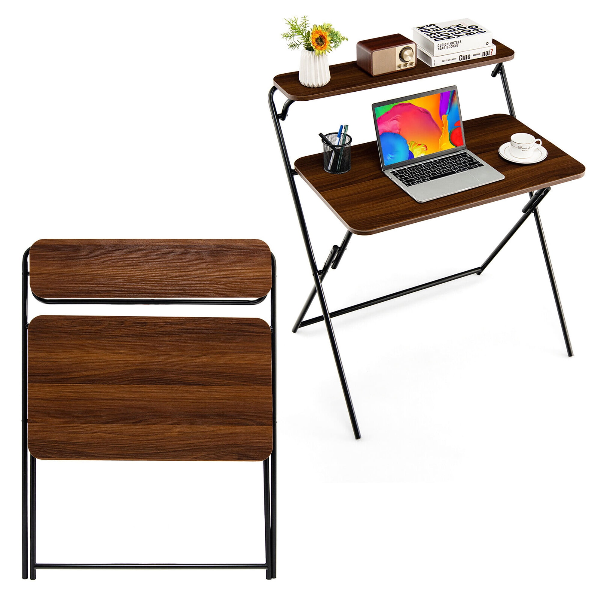 Gymax Foldable 2-Tier Computer Desk, Wood Laptop Table for Home Office ...