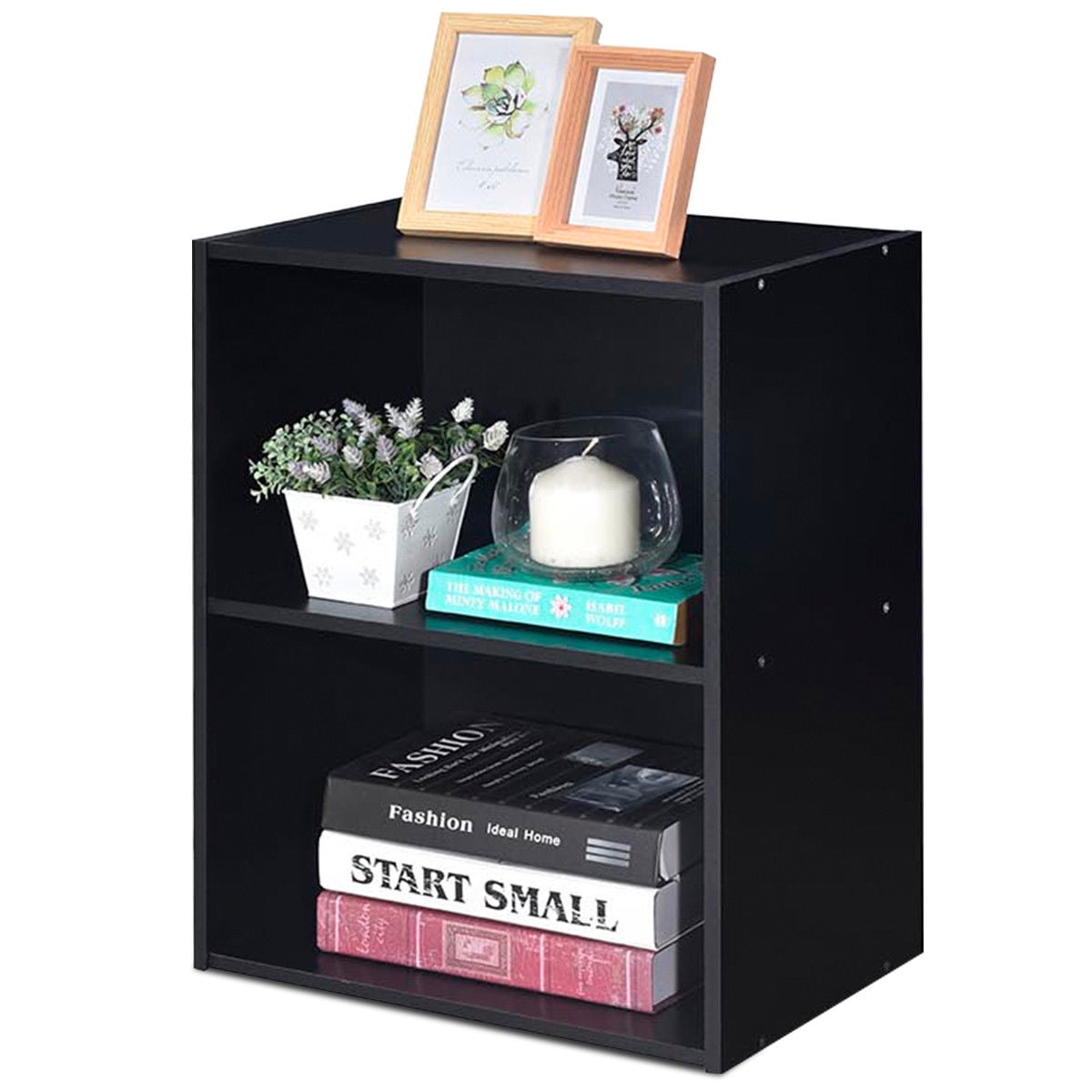 Gymax Wooden 2 Tier Open Shelf Bedside Table for Bedroom - Black ...