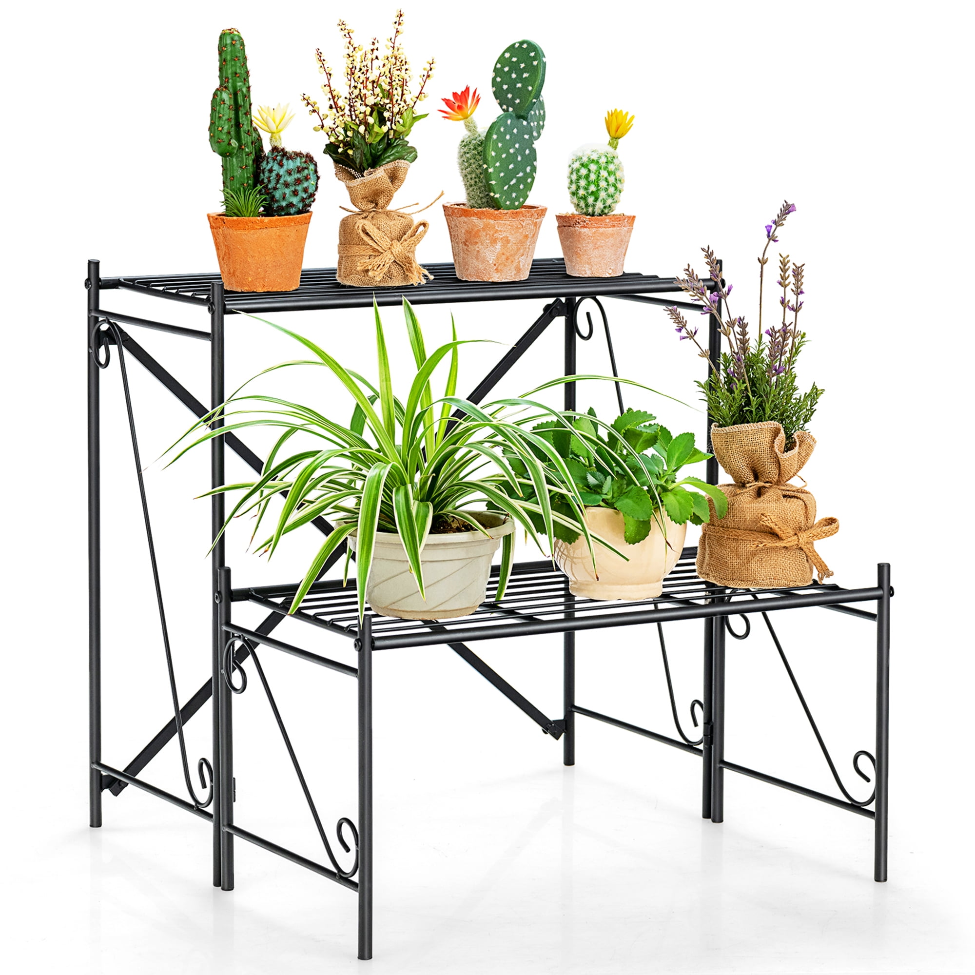 Gymax 2-Tier Metal Plant Stand, Stair Style Flower Pot Holder, Indoor ...