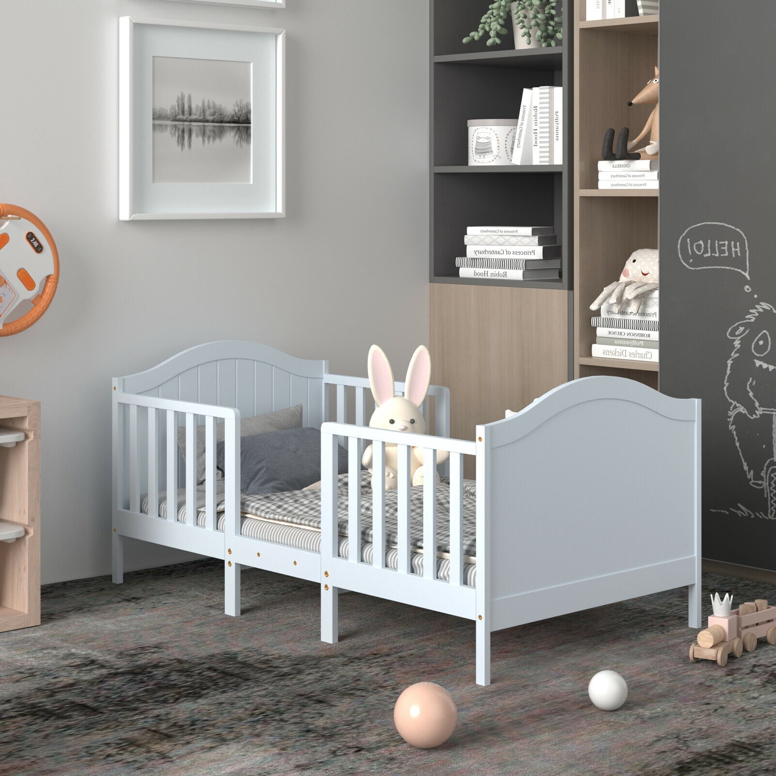 Gymax 2-in-1 Convertible Toddler Bed Kids Wooden Bedroom Furniture w ...