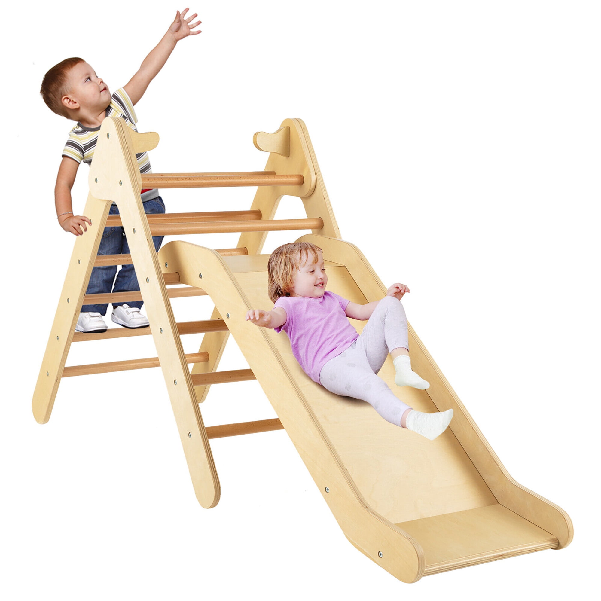 Gymax 2-in-1 Wooden Climbing Triangle Set Triangle Climber w/ Ramp ...