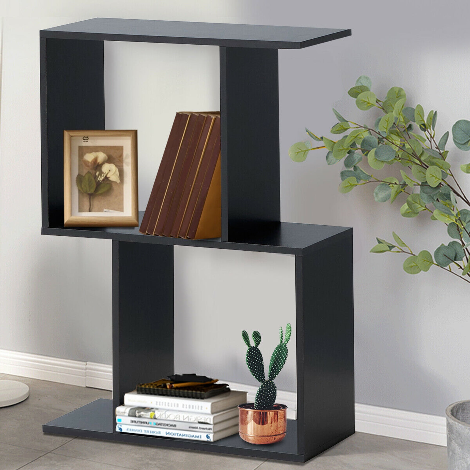 Gymax 2-tier Free Standing Storage Rack S-Shaped Bookcase Wooden ...