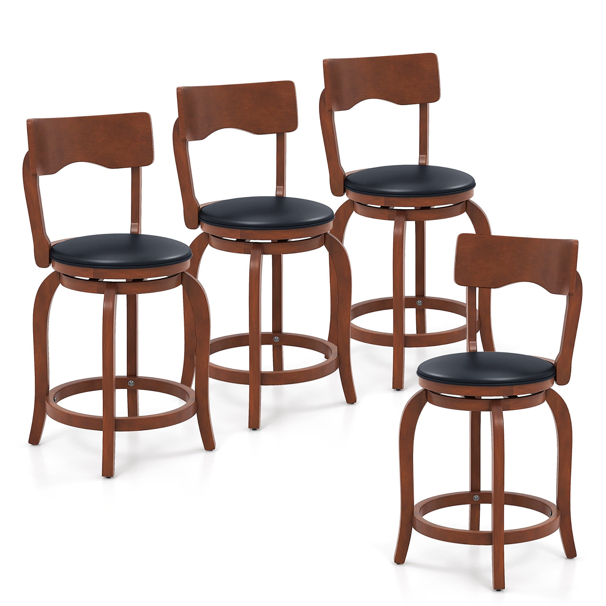 Gymax 24'' Swivel Bar Stools Set of 4 w/ Rubber Wood Frame Upholstered ...