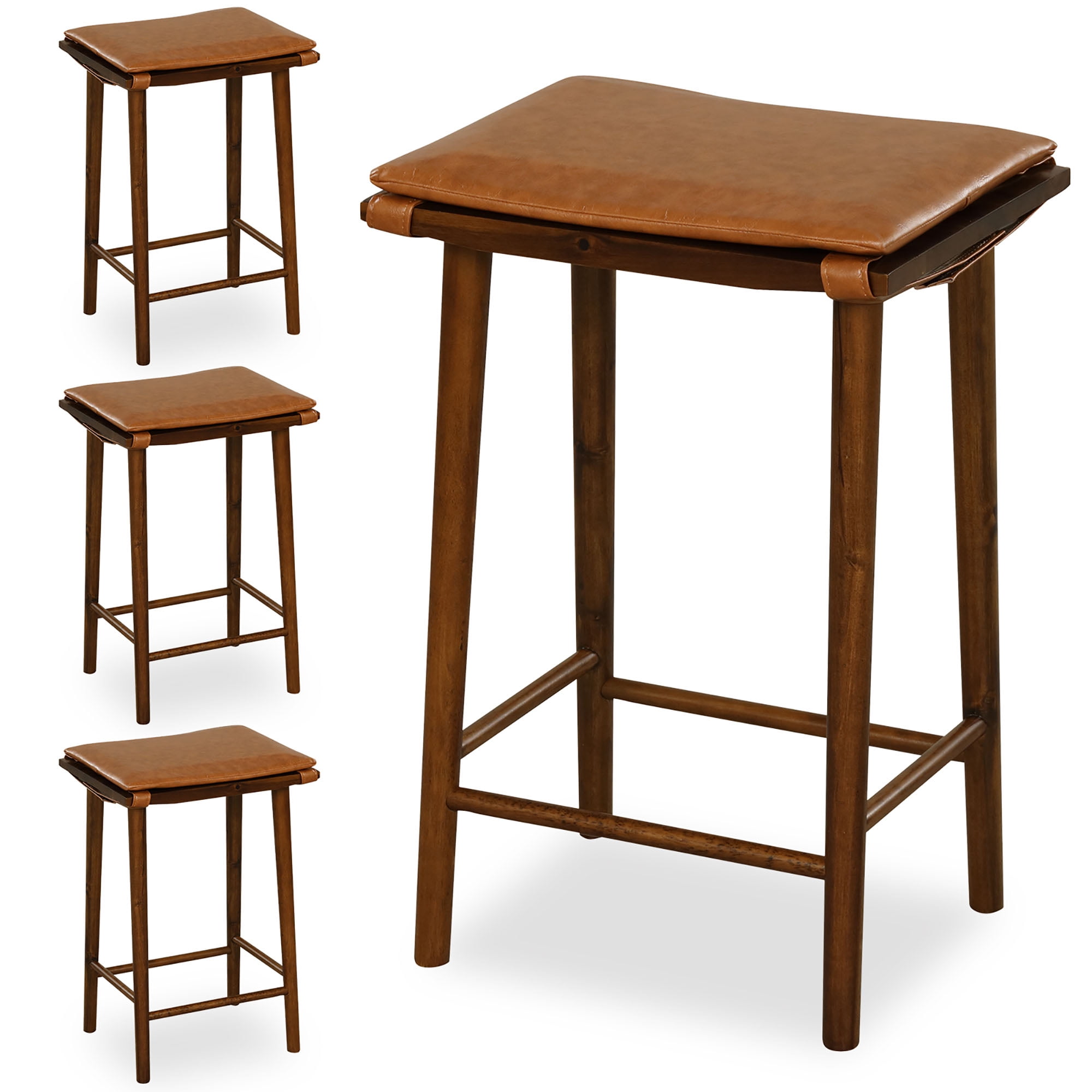 Gymax Barstool Set of 4, 25.5'' Counter Height Stools, Brown PU Leather ...