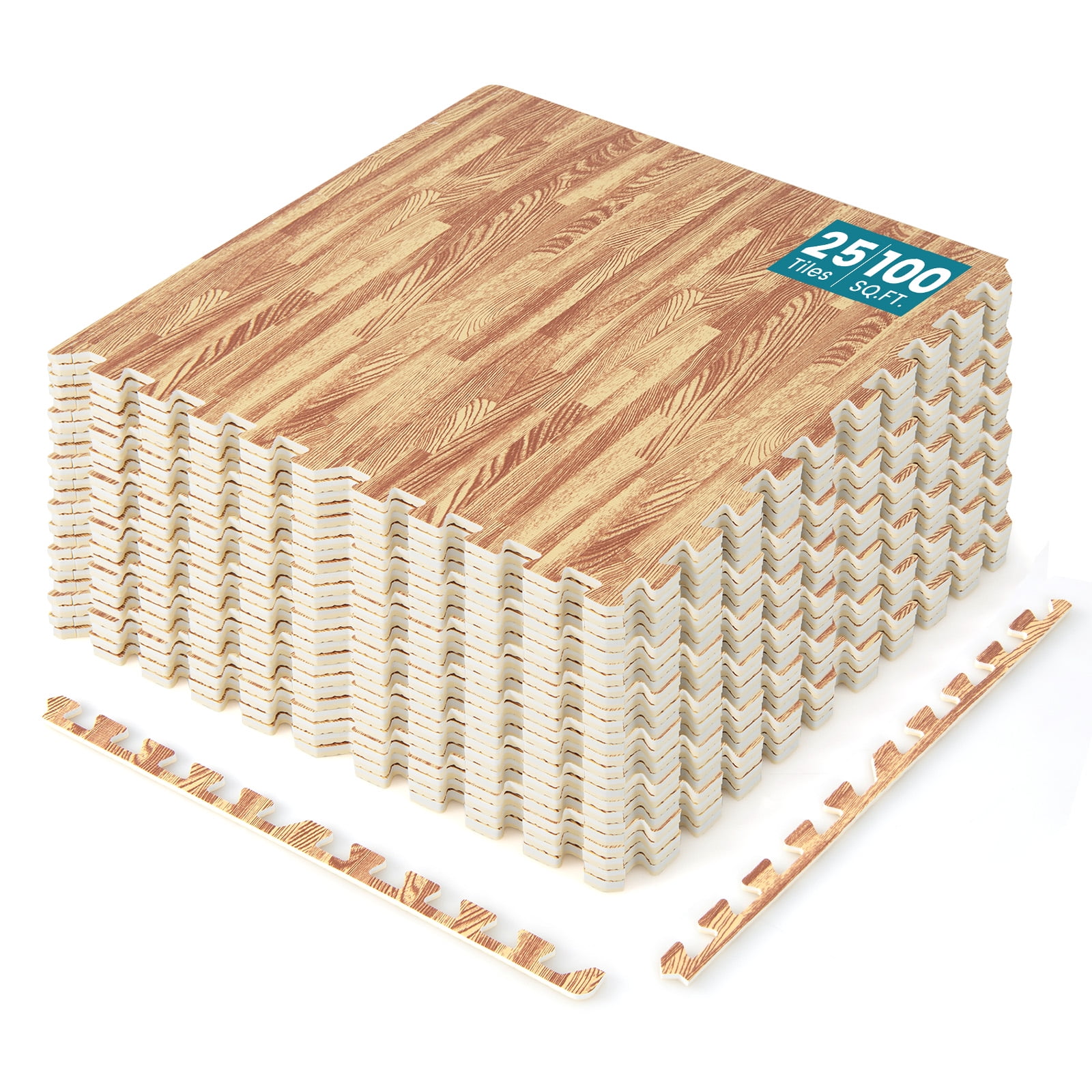 Gymax 25 Tiles Wood Grain EVA Foam Floor Mats Interlocking w/ Borders ...
