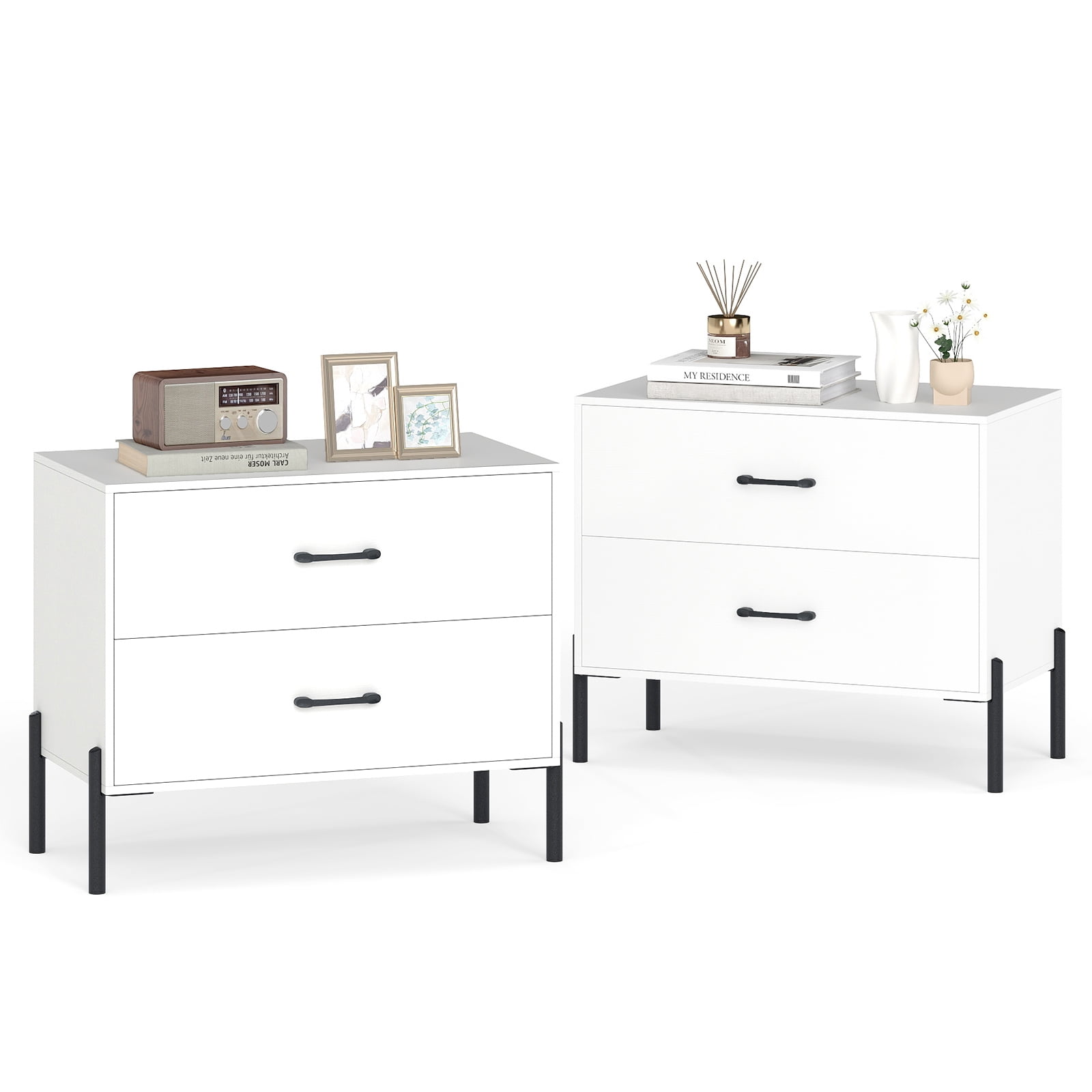 Gymax 2PCS 2-Drawer Dresser w/Metal Legs Handles Drawers Anti-Tipping ...